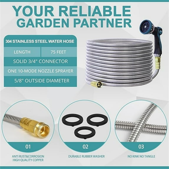 "75FT Garden Hose, 304 Stainless Steel Water Hose, Flexible with a 10 ...