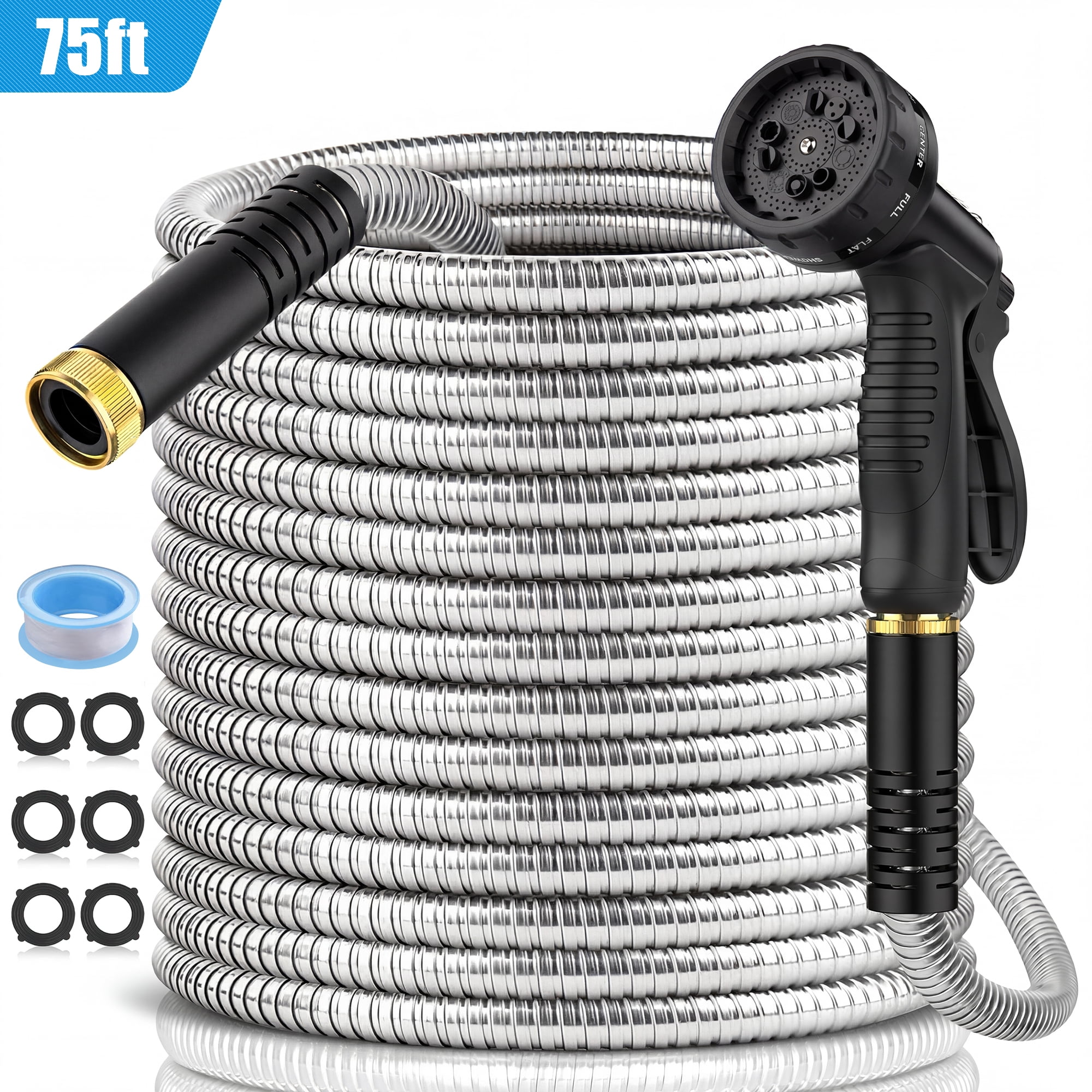GPED 75FT Metal Garden Hose, 304 Stainless Steel, Durable, 10-Function ...