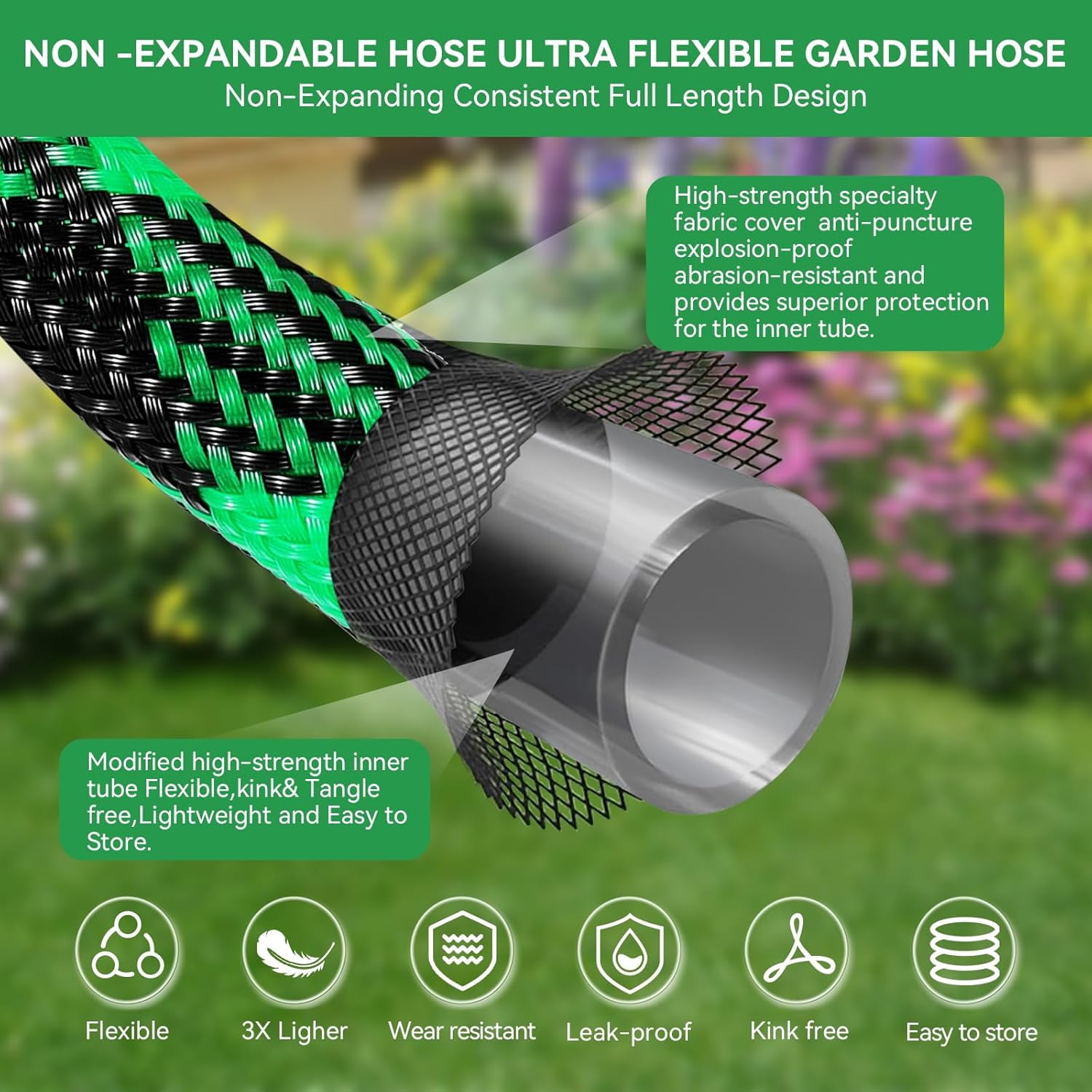 75FT Non-Expandable Garden Hose Ultra Lightweight & Flexible Water Hose ...