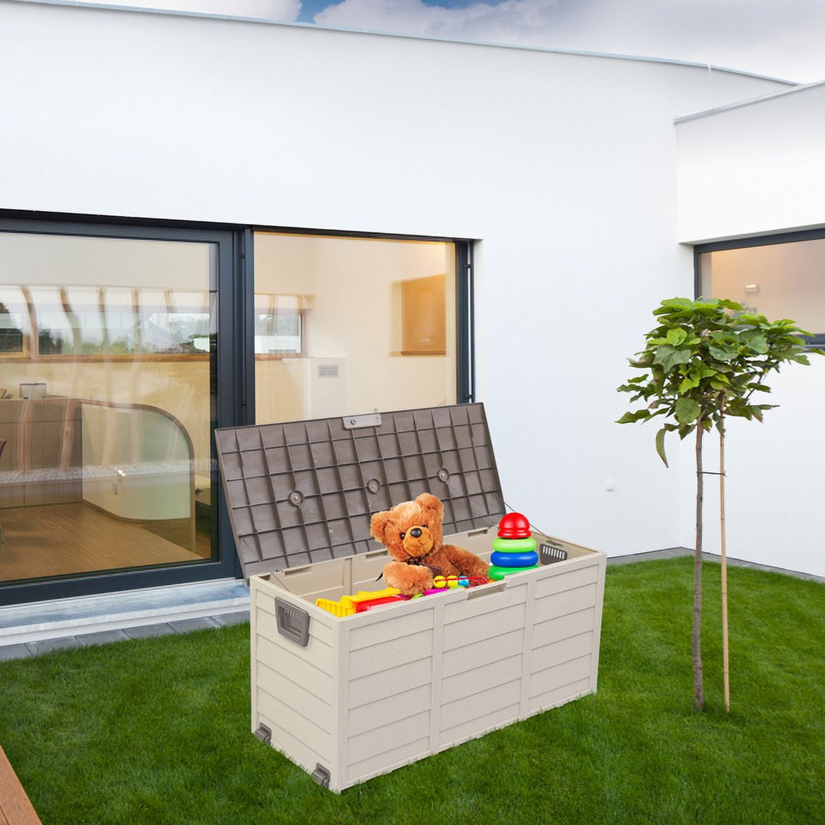 75Gal/260L Brown Outdoor Storage Deck Box with Wheels & Lockable Seat ...