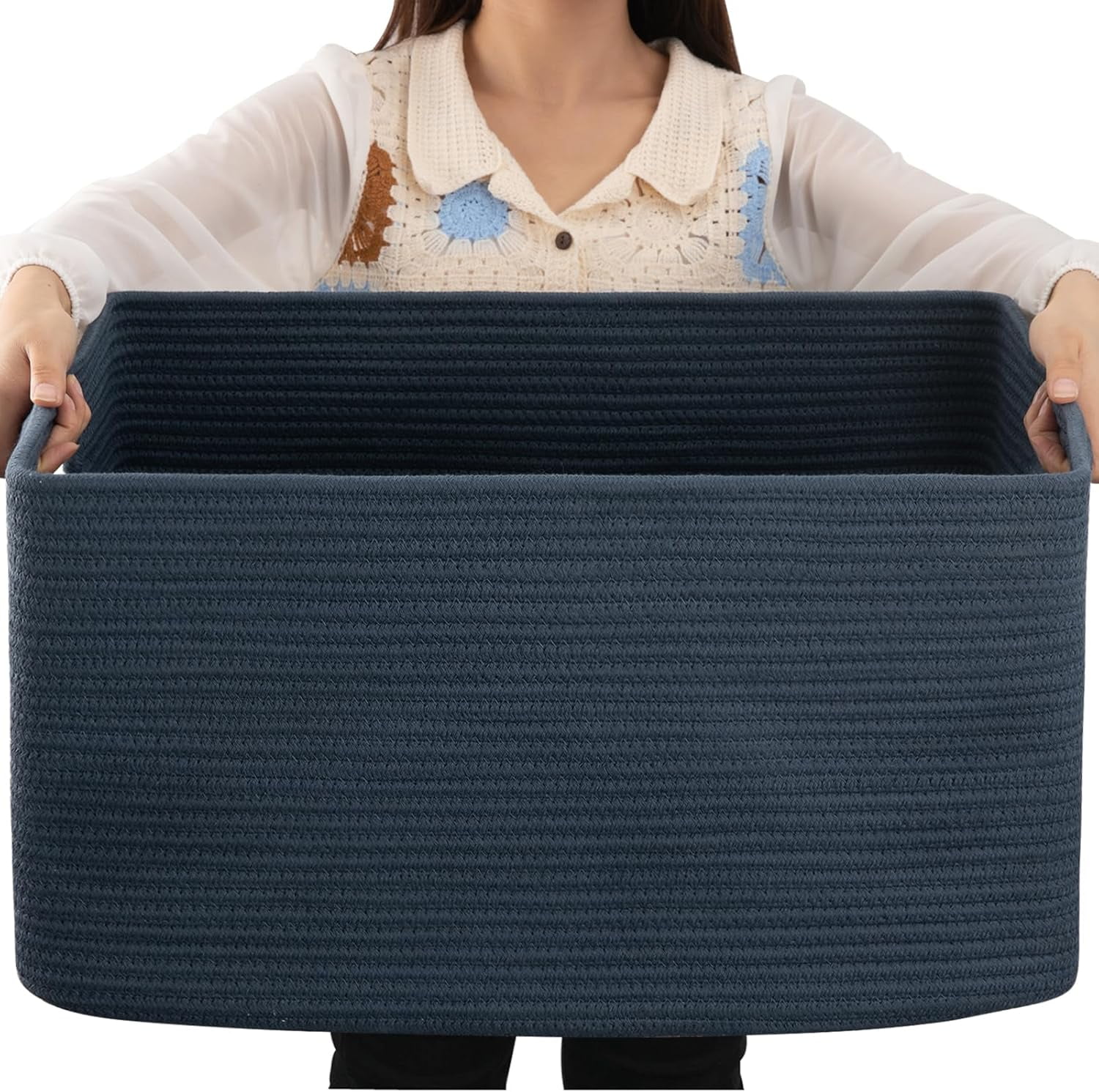75L Large Blanket Basket, Woven Storage Basket with Handle, Cotton Rope ...