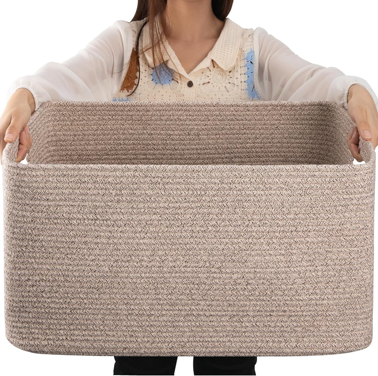 75L Large Woven Cotton Rope Storage Basket with Handle for Organizing ...