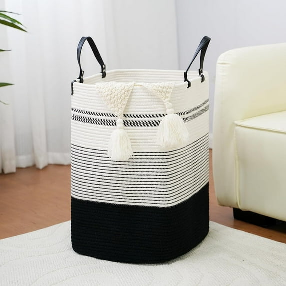 75L Woven Laundry Hamper with Long Leather Handles, Laundry Basket for ...