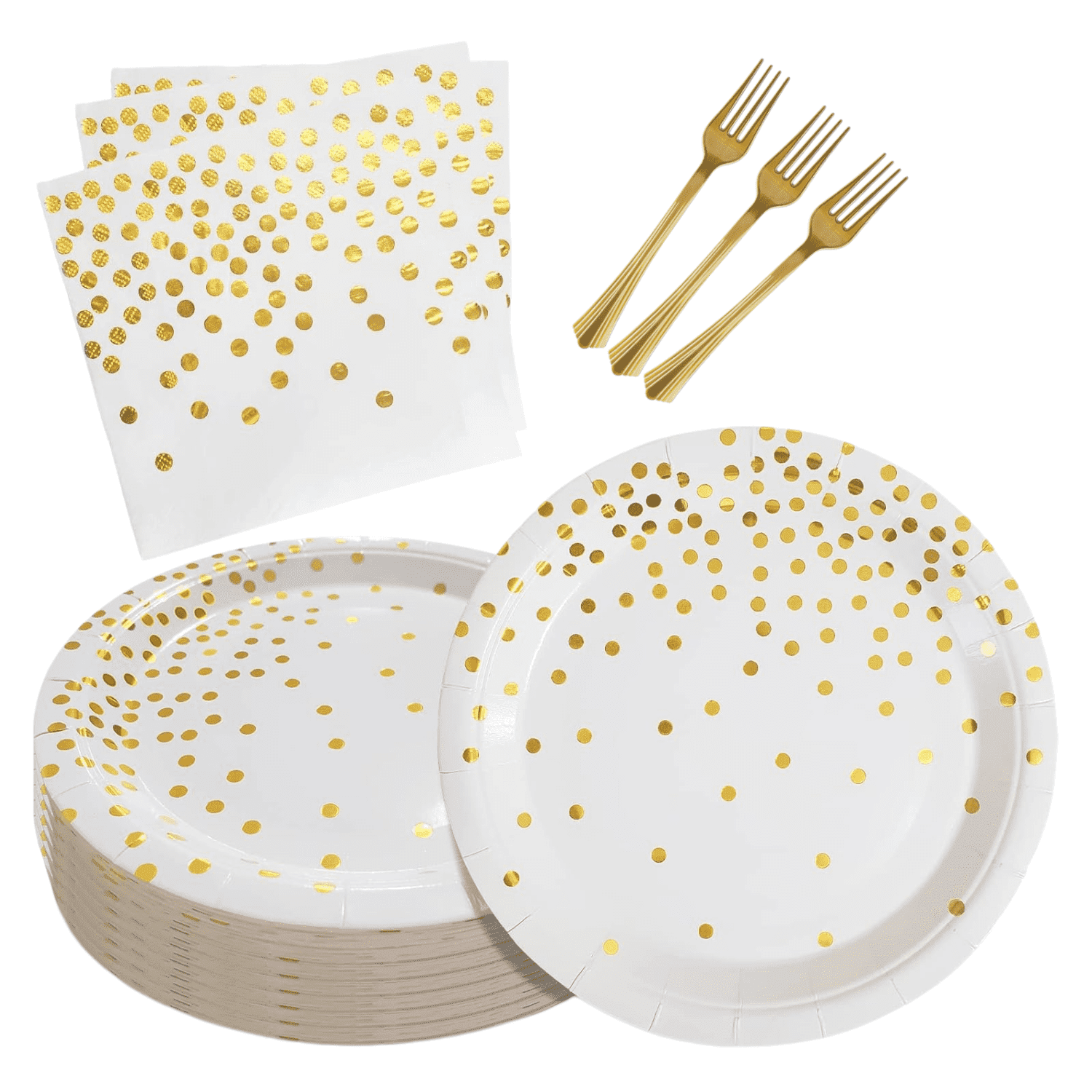 75PCS Gold Polka Dot Paper Plates Napkins Forks Set, 7" White ...