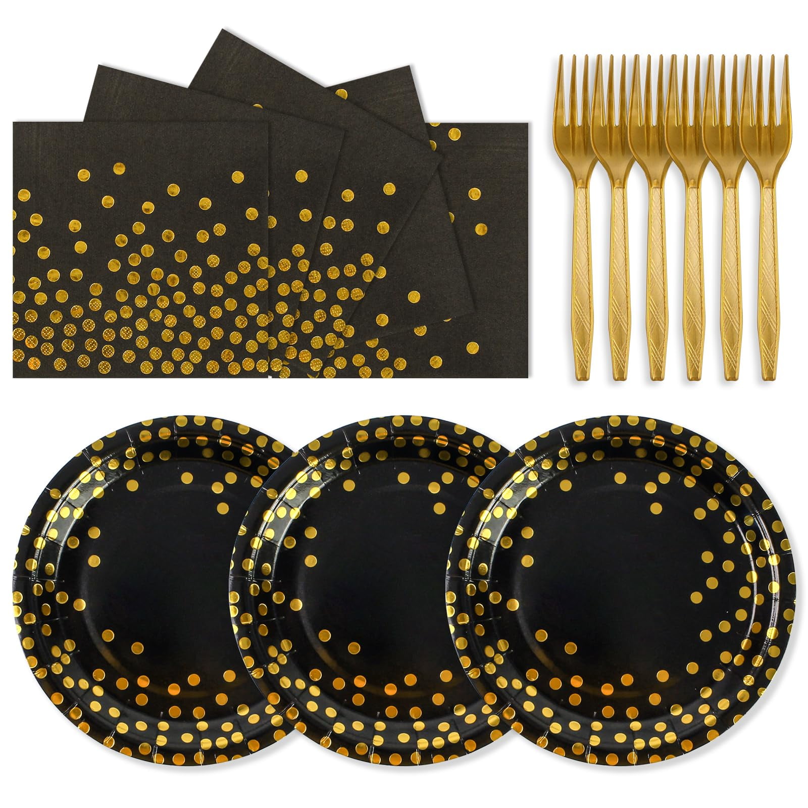 75PCS Paper Plates and Napkins Set AFN1- Black and Gold Dot Disposable ...