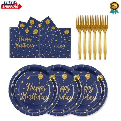 75Pcs Happy Birthday Paper Plates - 7 Inch Dark Blue Gold Dot Paper ...