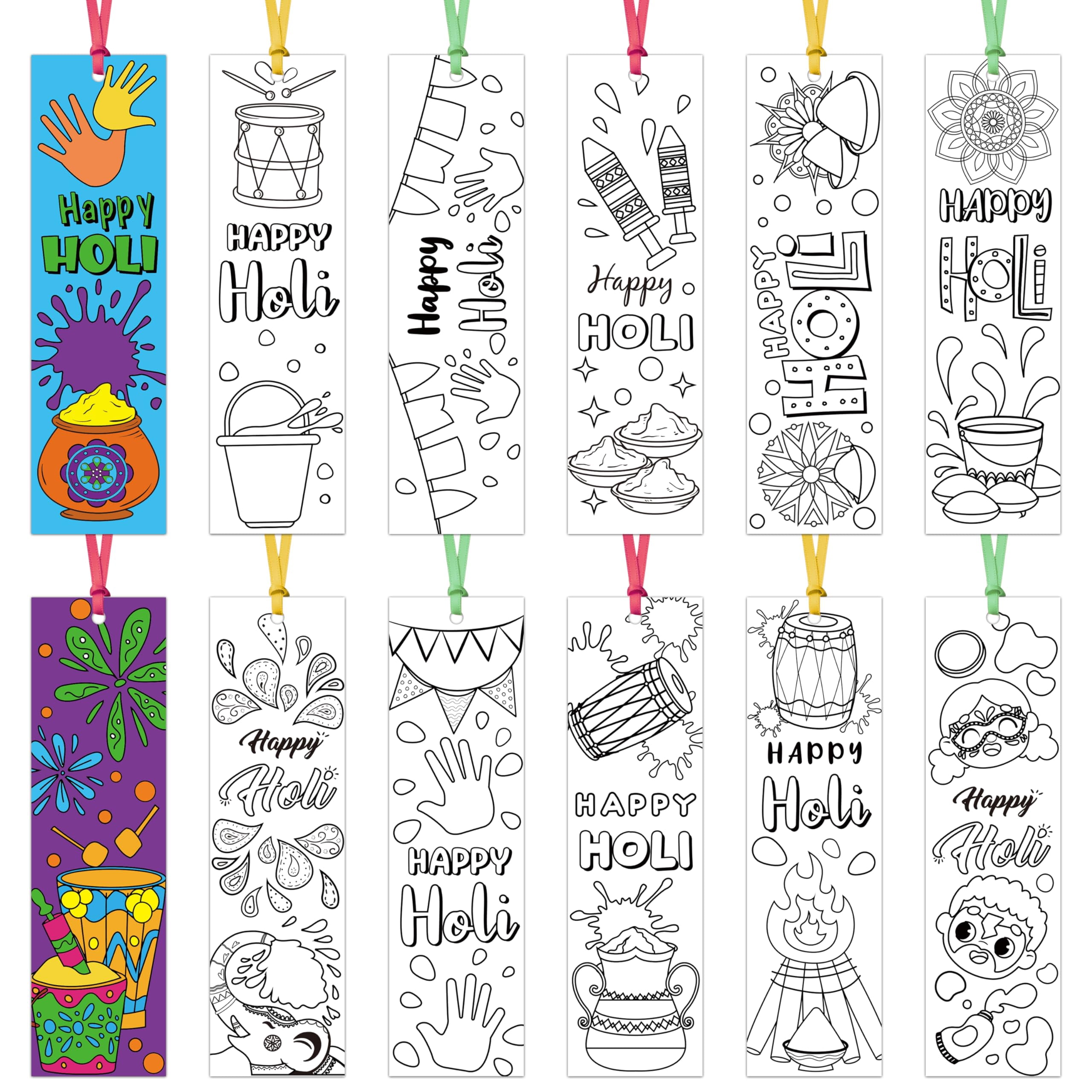 75Pcs Holi Color Your Own Bookmarks Happy Holi DIY Coloring Blank ...