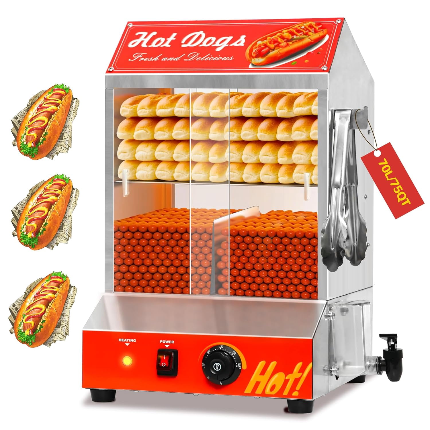 75QT Hot Dog Steamer Warmer, Akaber 2-Tier Commercial Stainless Steel ...