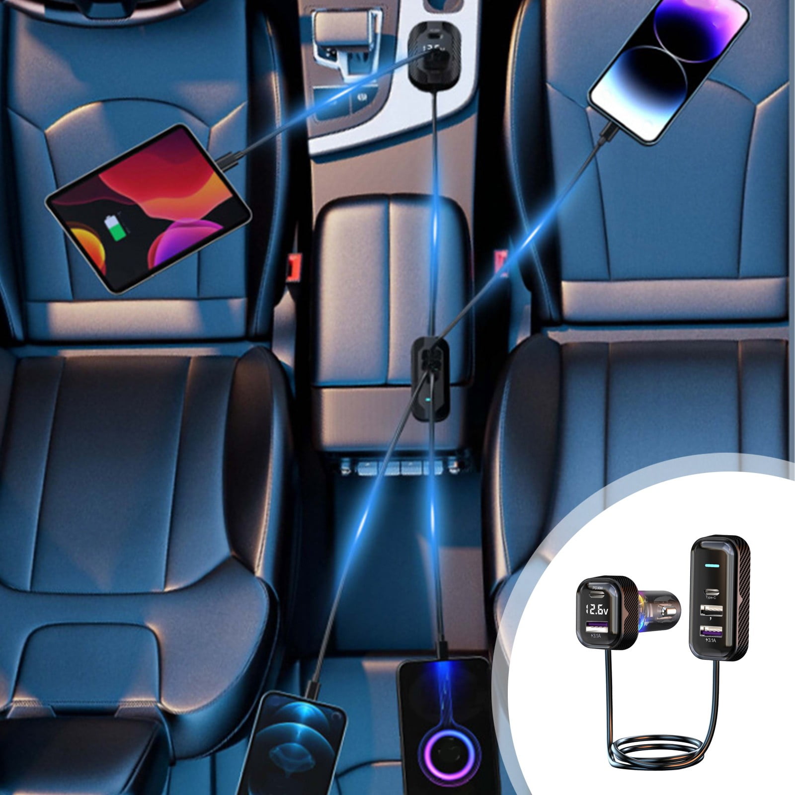 75W 5-Port Fast Car Charger with 5FT Cable,PD & QC Ports,Digital Display,Vehicle Battery Monitor ...