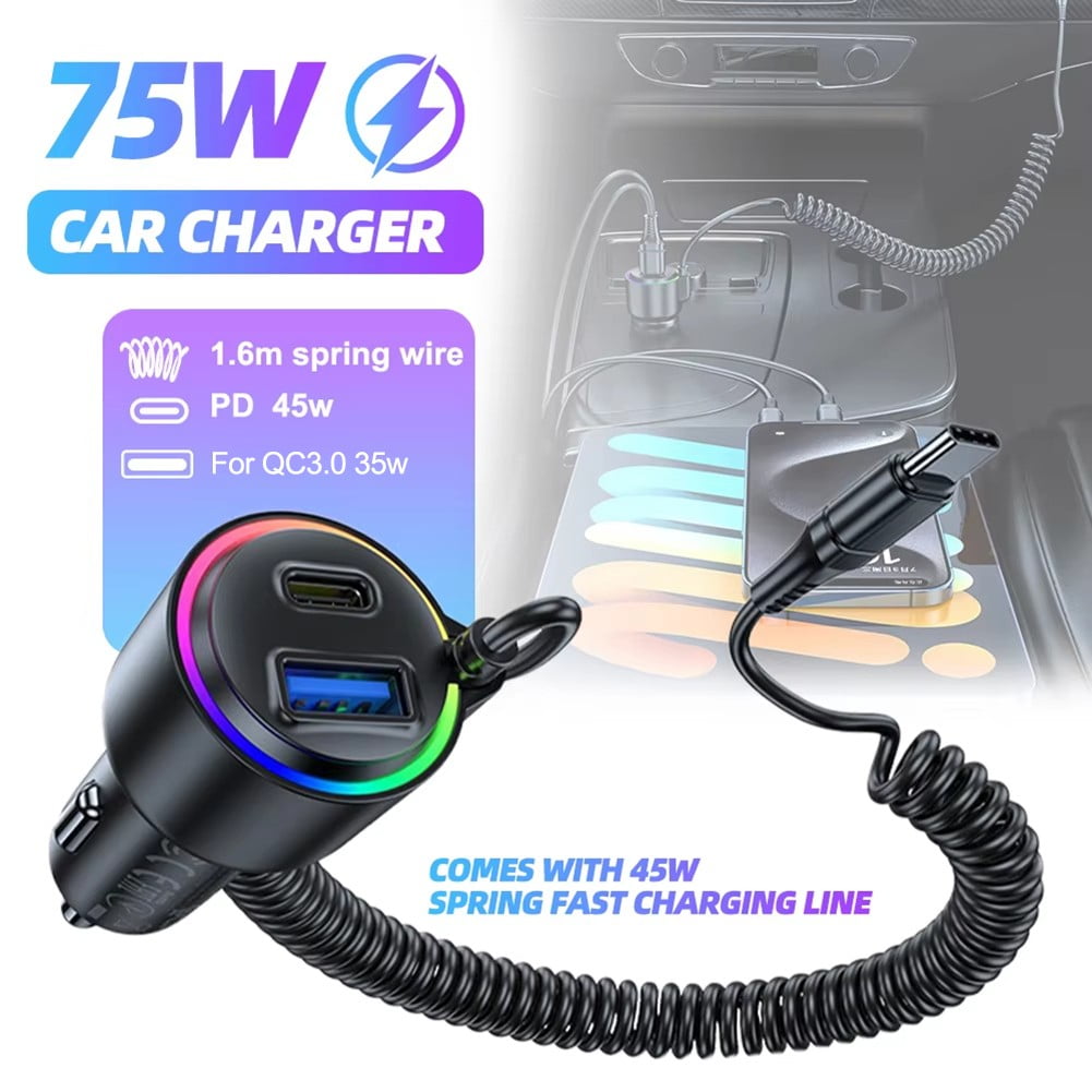 75W Car Charger USB C Fast Charging LED Lamp Support for QC3.0 PD Fast ...