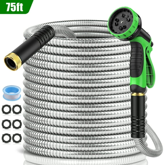 75ft Garden Hose, Metal Stainless Steel Water Hose w/ 10 Functional ...