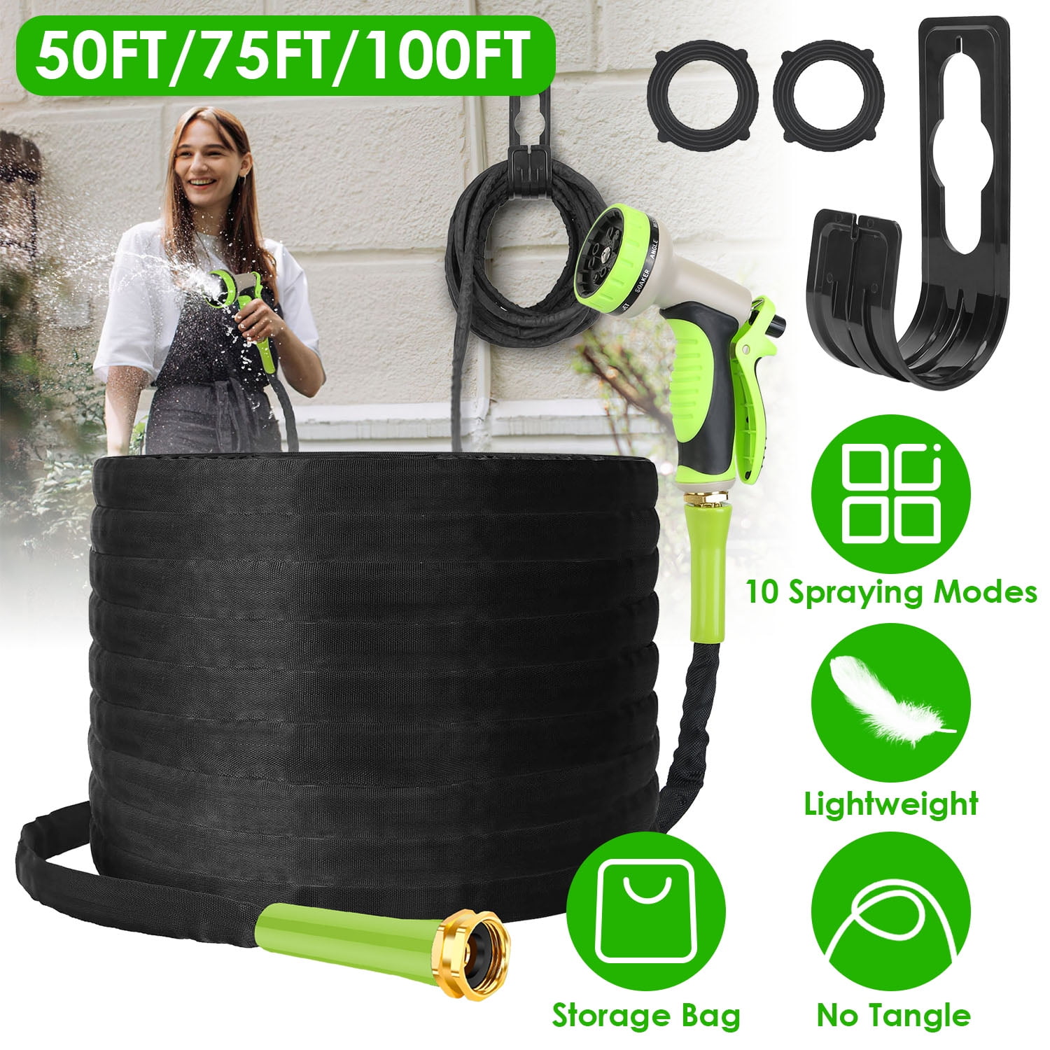 75ft PVC Garden Hose Non-Expanding 10-Function Nozzle Flexible ...