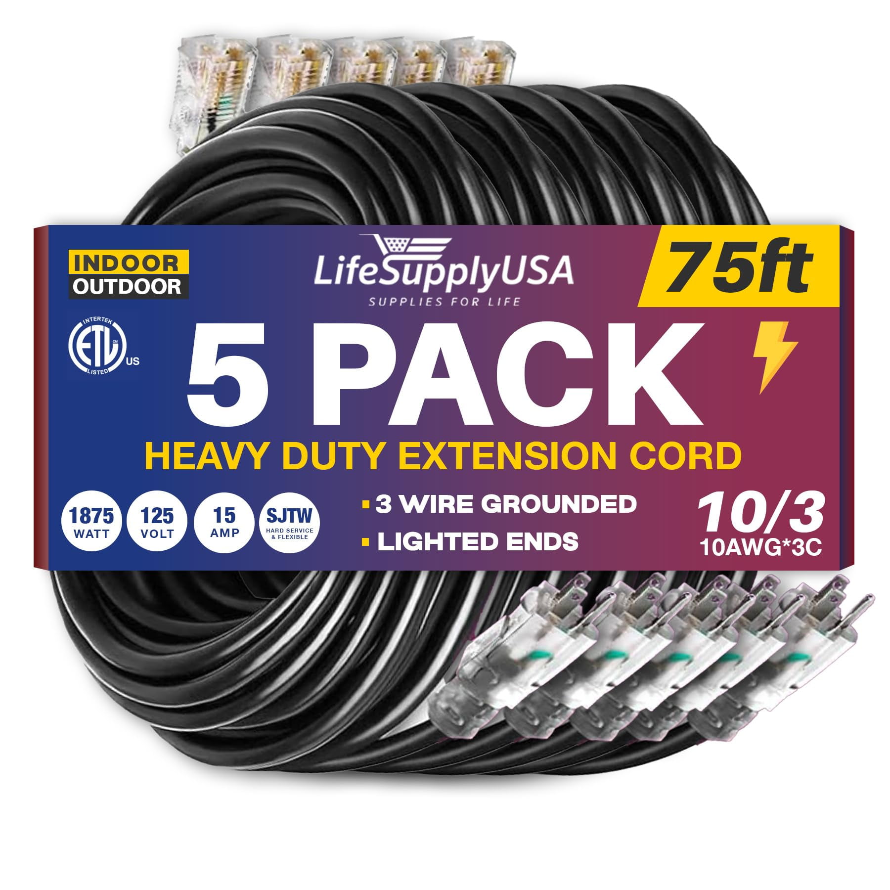 75ft Power Outdoor Extension Cord & Indoor - Waterproof Electric Drop ...