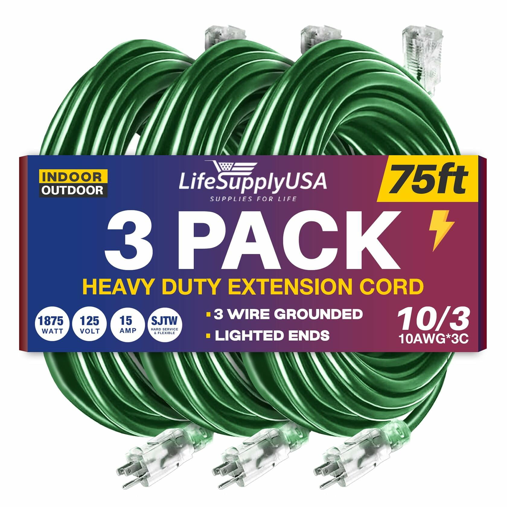 75ft Power Outdoor Extension Cord & Indoor - Waterproof Electric Drop ...