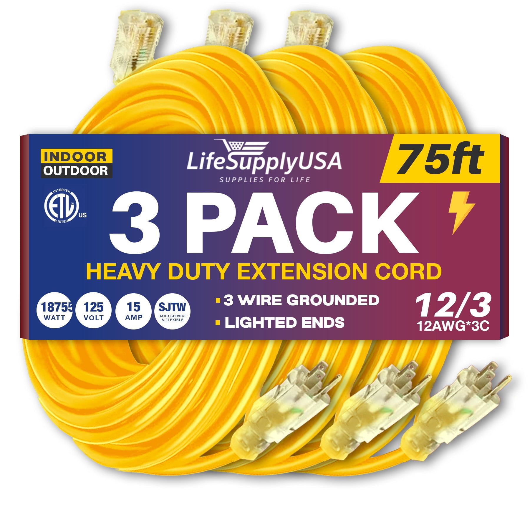 75ft Power Outdoor Extension Cord & Indoor - Waterproof Electric Drop ...