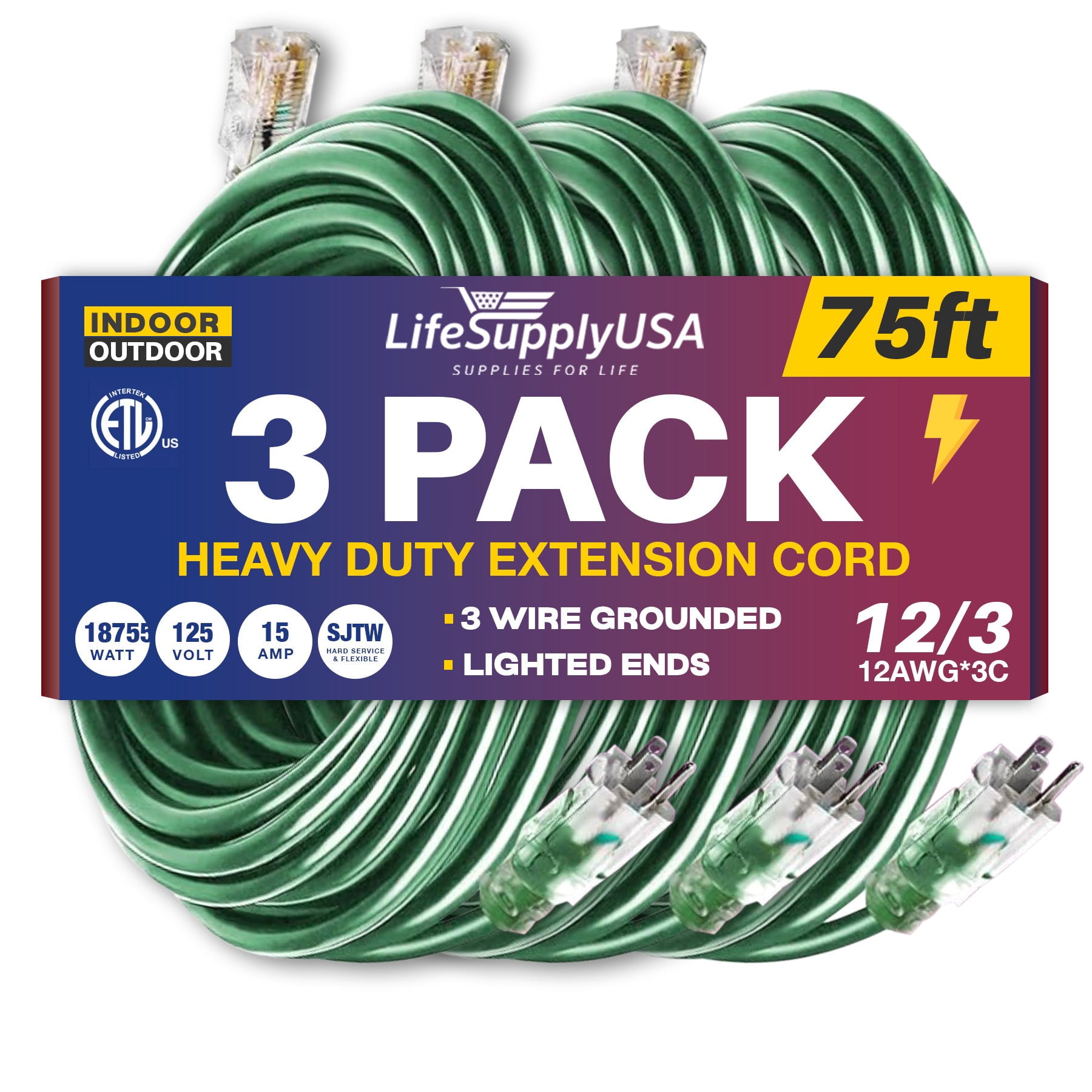 75ft Power Outdoor Extension Cord & Indoor - Waterproof Electric Drop ...