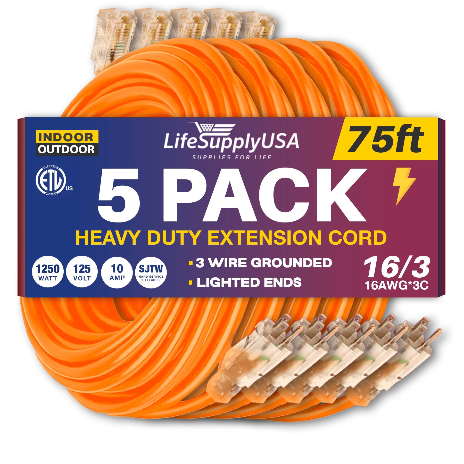 75ft Power Outdoor Extension Cord & Indoor - Waterproof Electric Drop ...