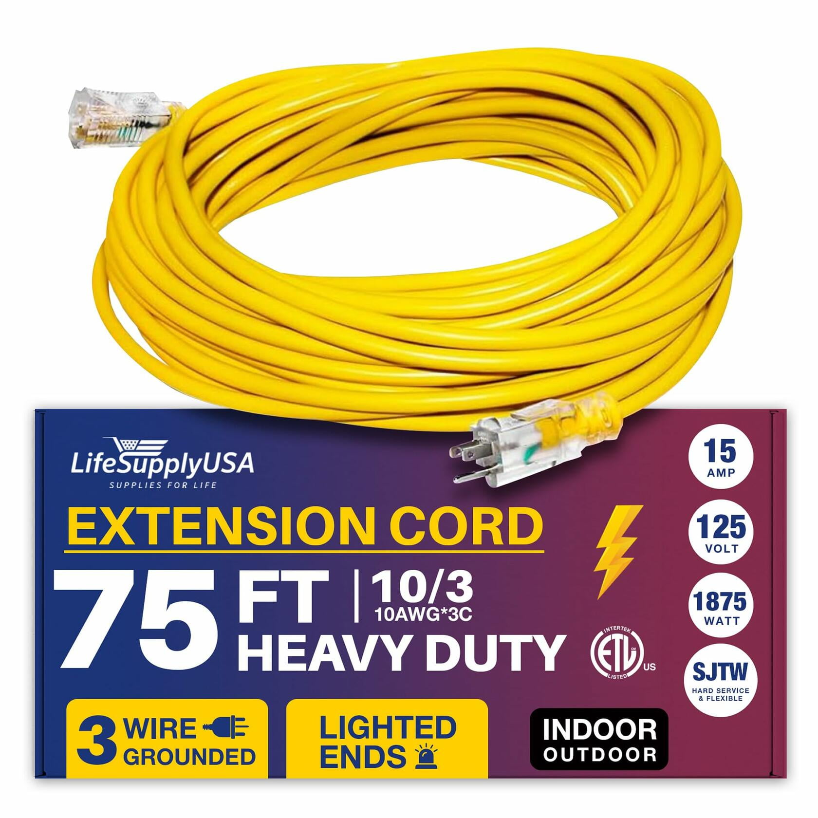 75ft Power Outdoor Extension Cord & Indoor - Waterproof Electric Drop ...