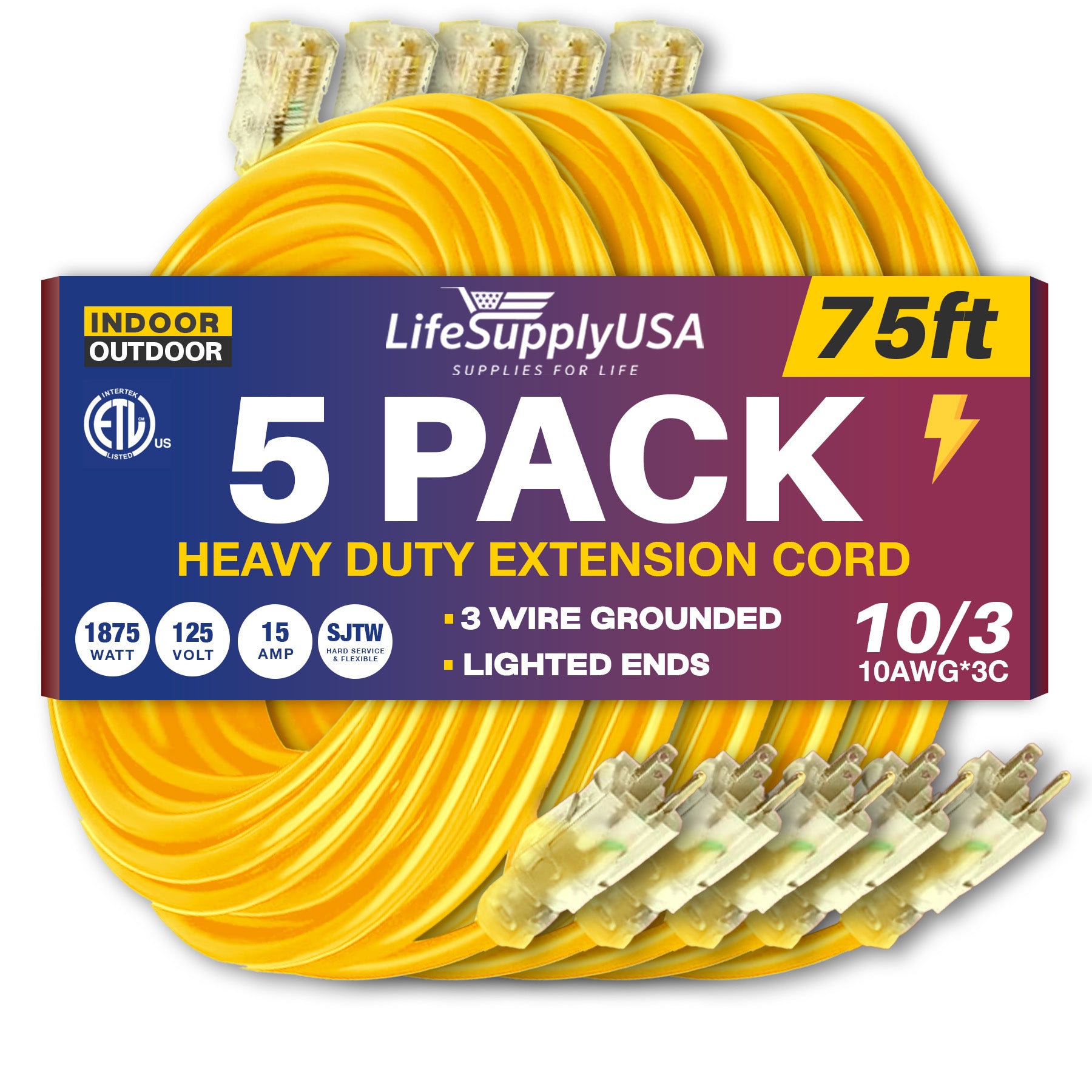 75ft Power Outdoor Extension Cord & Indoor - Waterproof Electric Drop ...