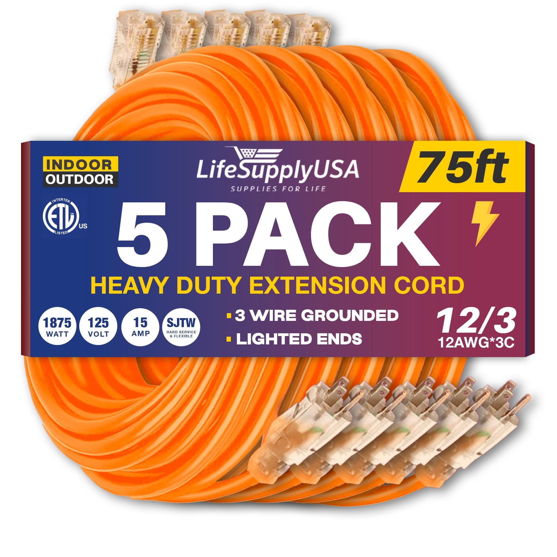 75ft Power Outdoor Extension Cord & Indoor - Waterproof Electric Drop ...