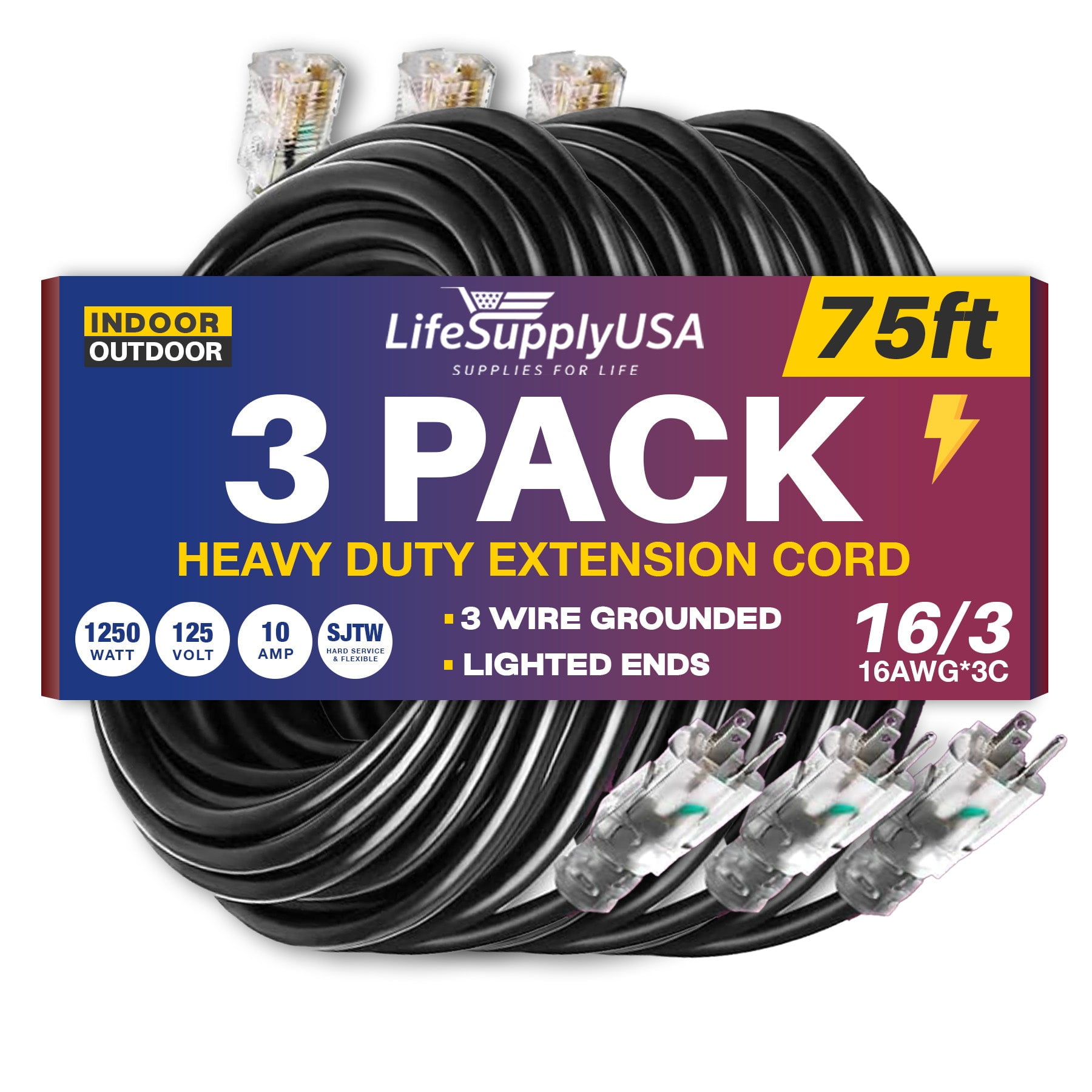 75ft Power Outdoor Extension Cord & Indoor - Waterproof Electric Drop ...