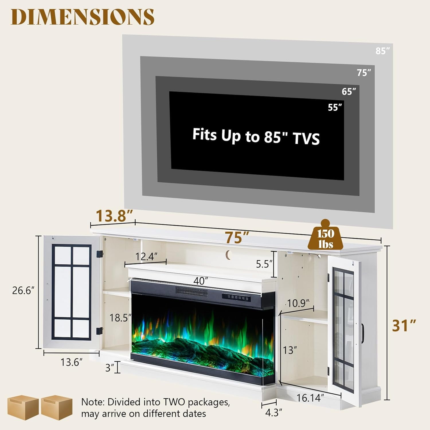 75in 3-Sided Glass Fireplace TV Stand with LED Lights for TVs up to ...