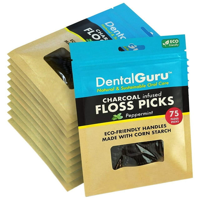 75pk Dental Guru Charcoal Infused Floss Picks Plastic-Free Tooth Care ...