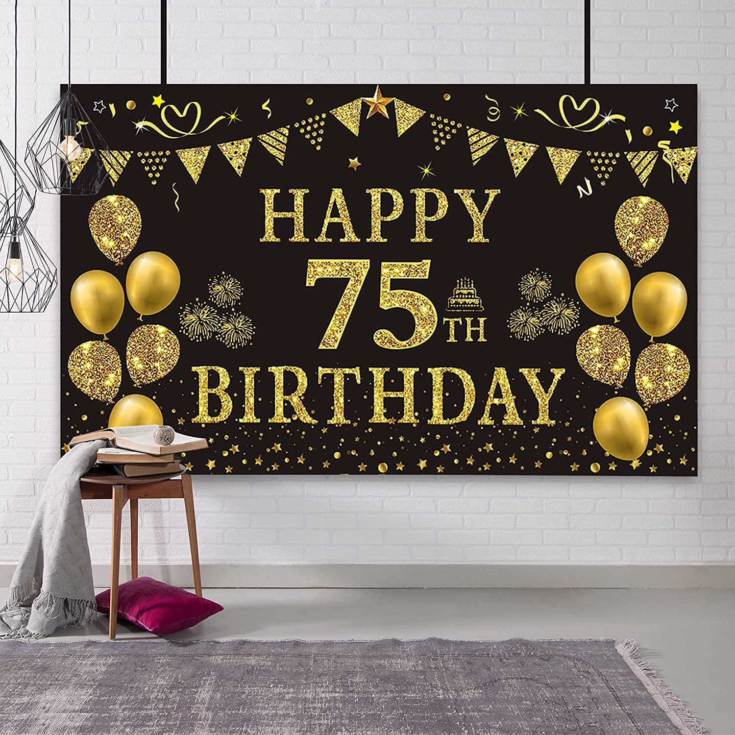 75th Birthday Backdrop Gold and Black Happy Birthday Party Decorations ...
