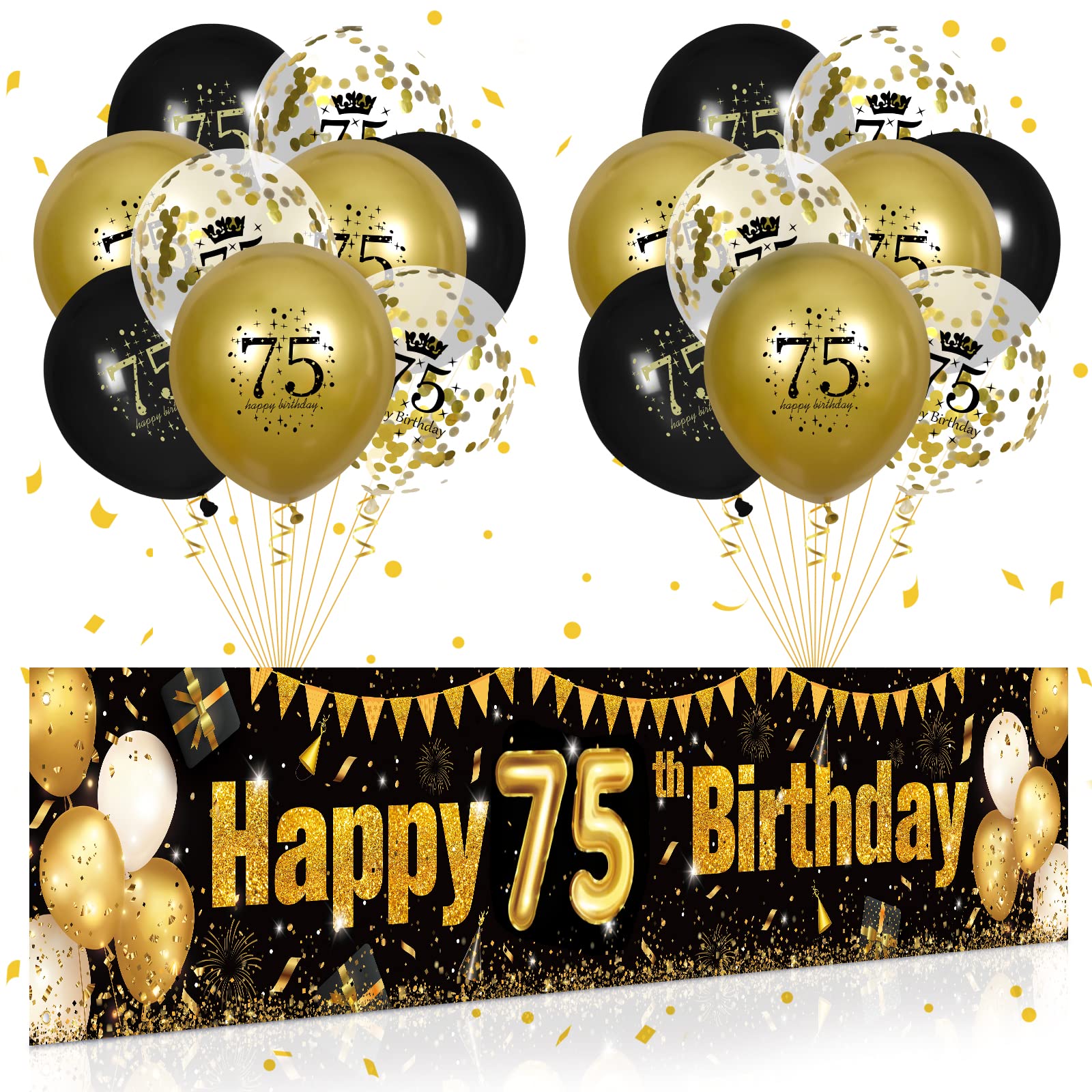 75th Birthday Balloons & RRF12 Banner - Black & Gold Happy 75th ...