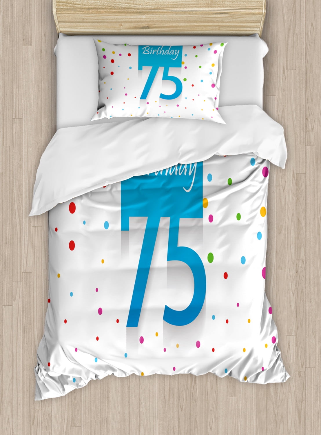 75th Birthday Duvet Cover Set Twin Size, Colorful Confetti Rain with Polka Dots Hand Written ...