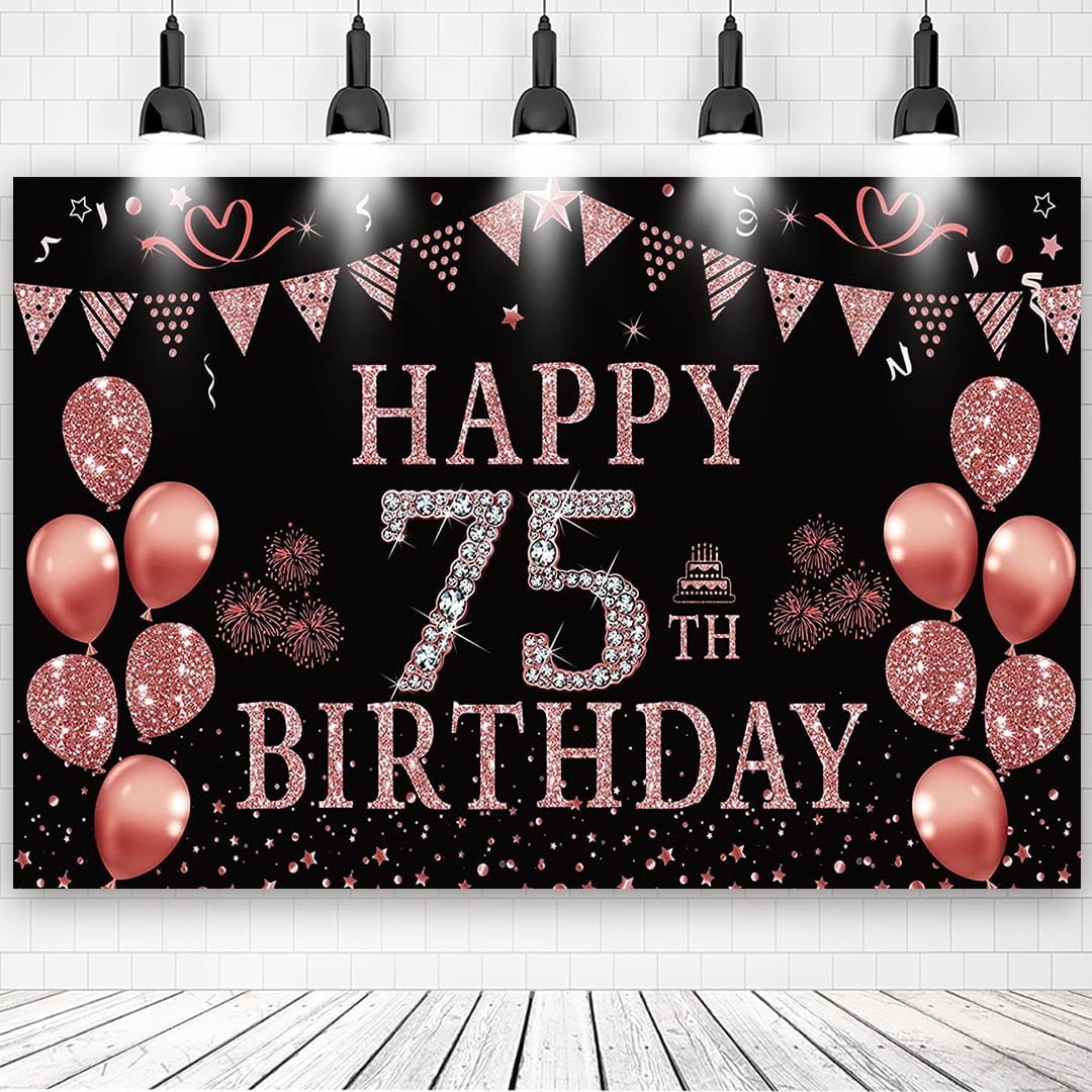 75th Happy Birthday Rose Gold Theme Backdrops Banner Birthday Party ...