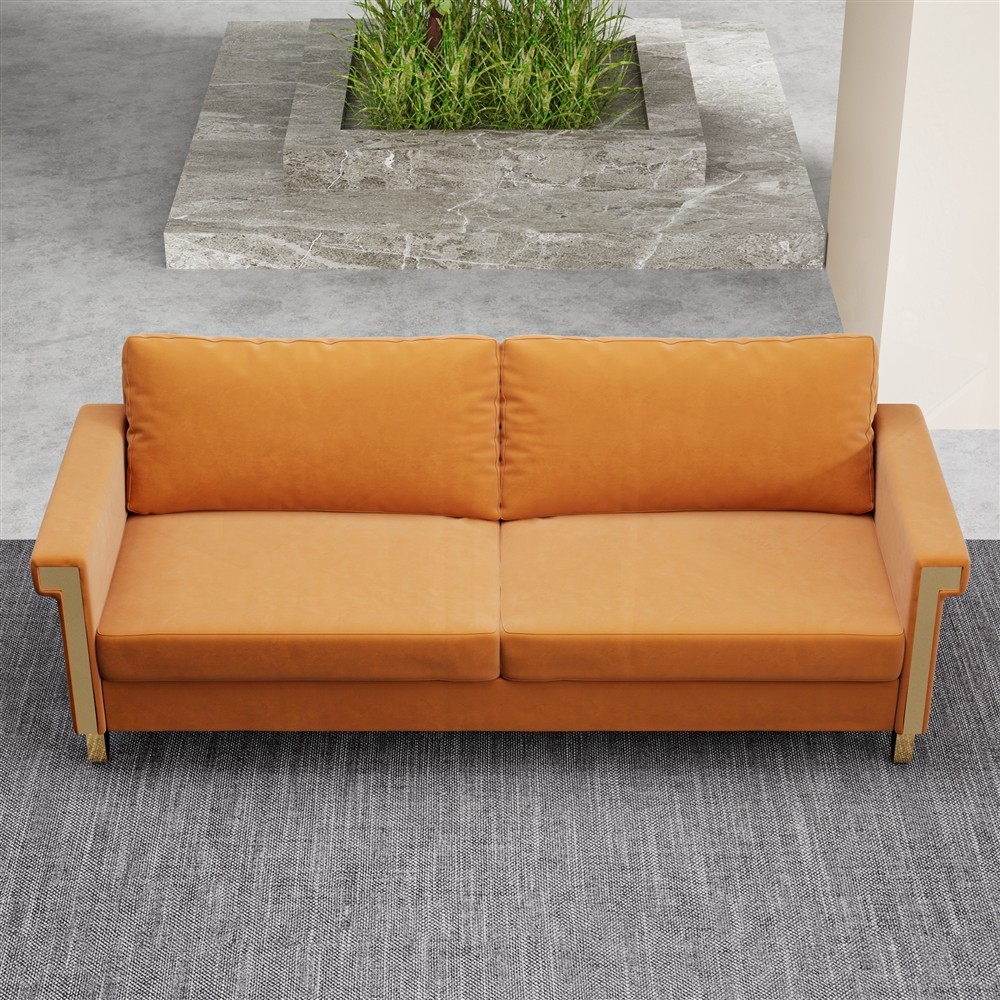 76.34in Wide Modern Orange Velvet Sofa with Gold Metal Legs for Maximum ...