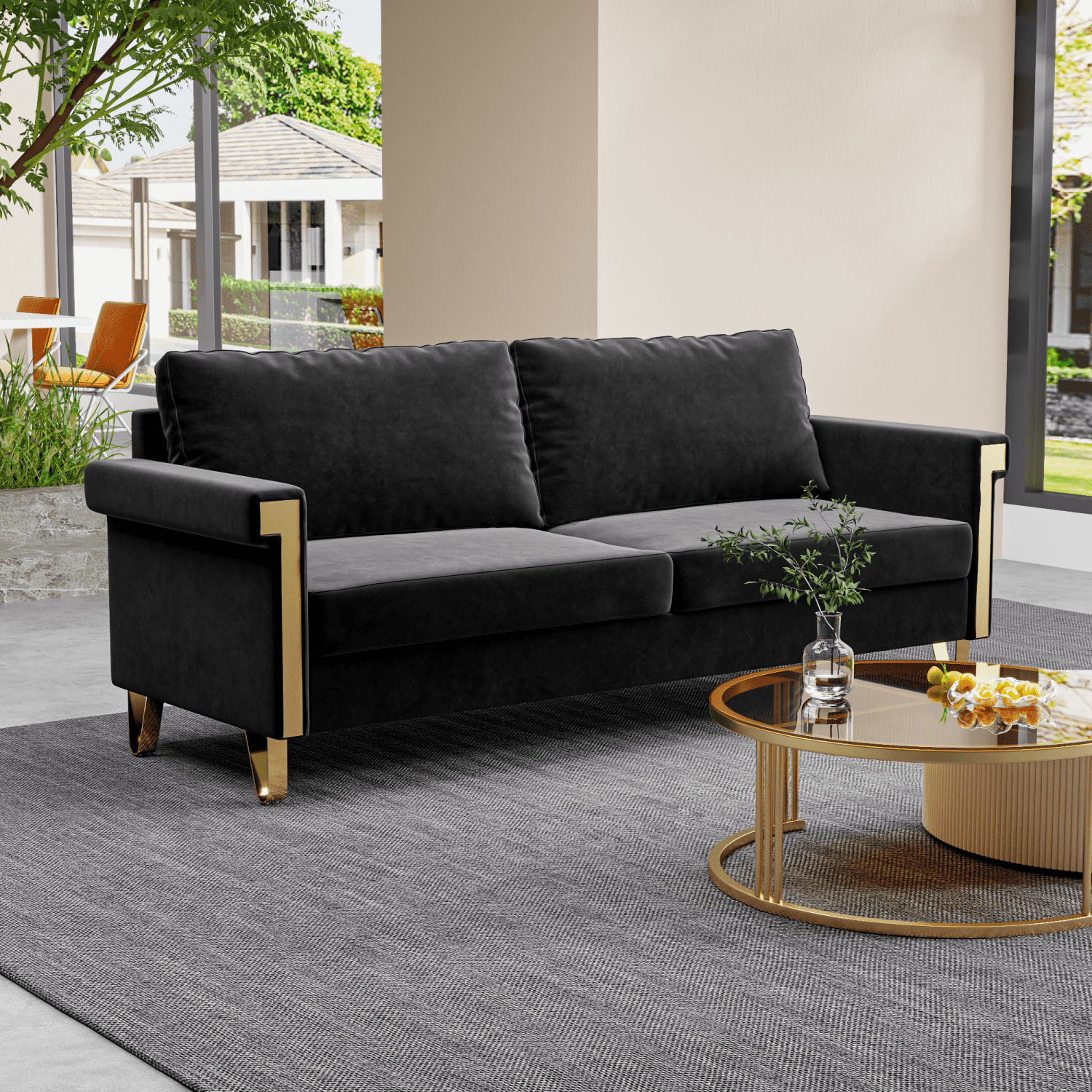76.34inch Mid-Century Modern Velvet Sofa Black Couch with Gold Metal ...