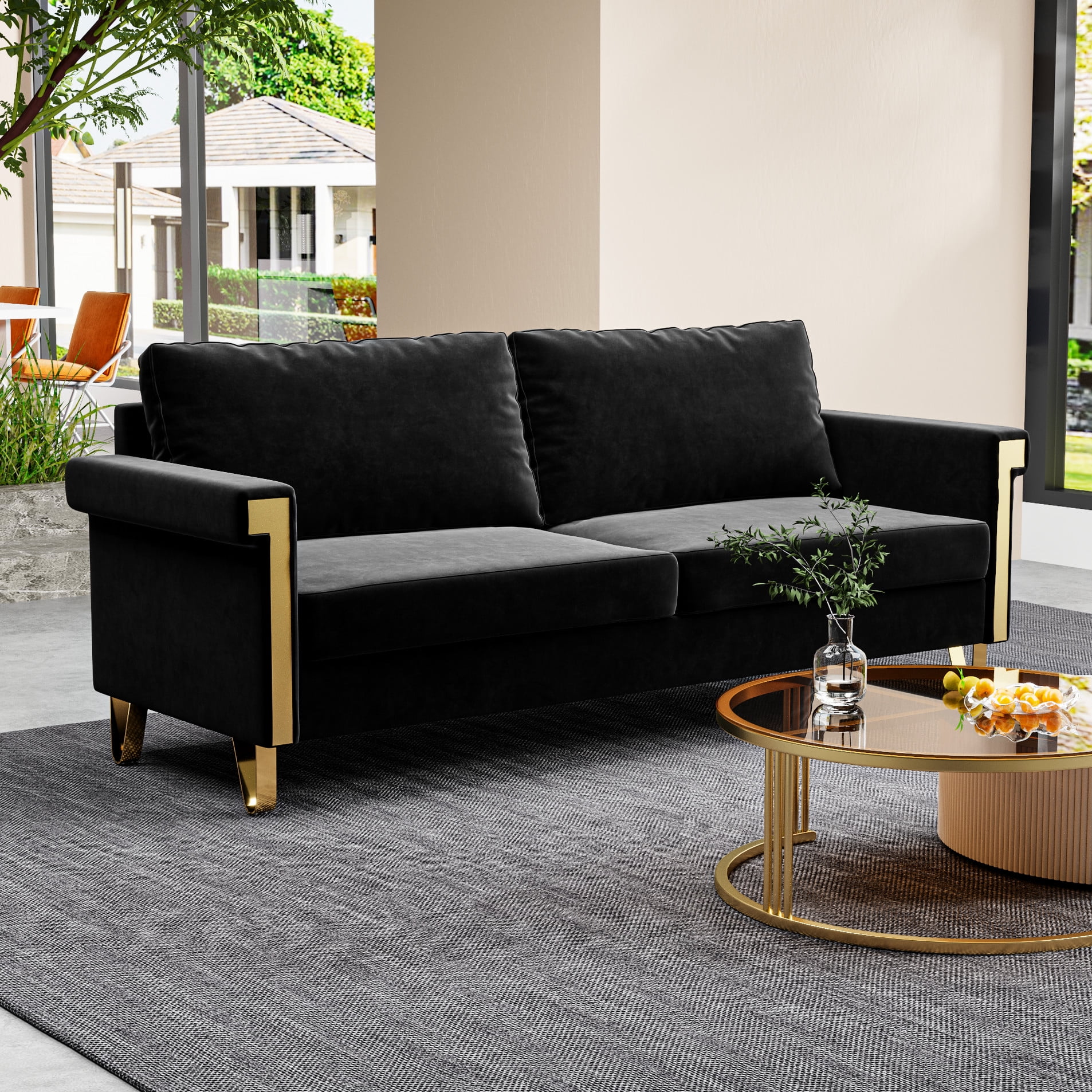 76.34inch Mid-century Modern Couch, Velvet In Black With Legs 2.5 ...