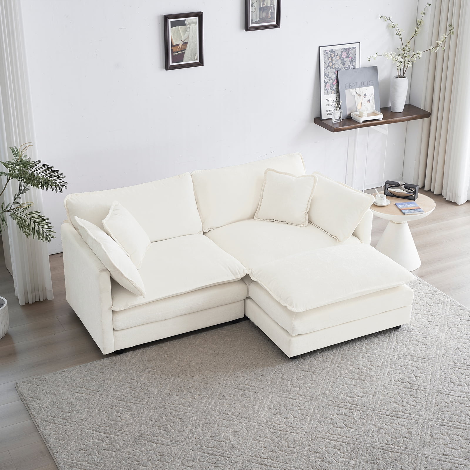 76.7” Loveseat Sofa, 2 Seater Modular Couch, Beige White Chenille L Shaped Sectional for Living ...