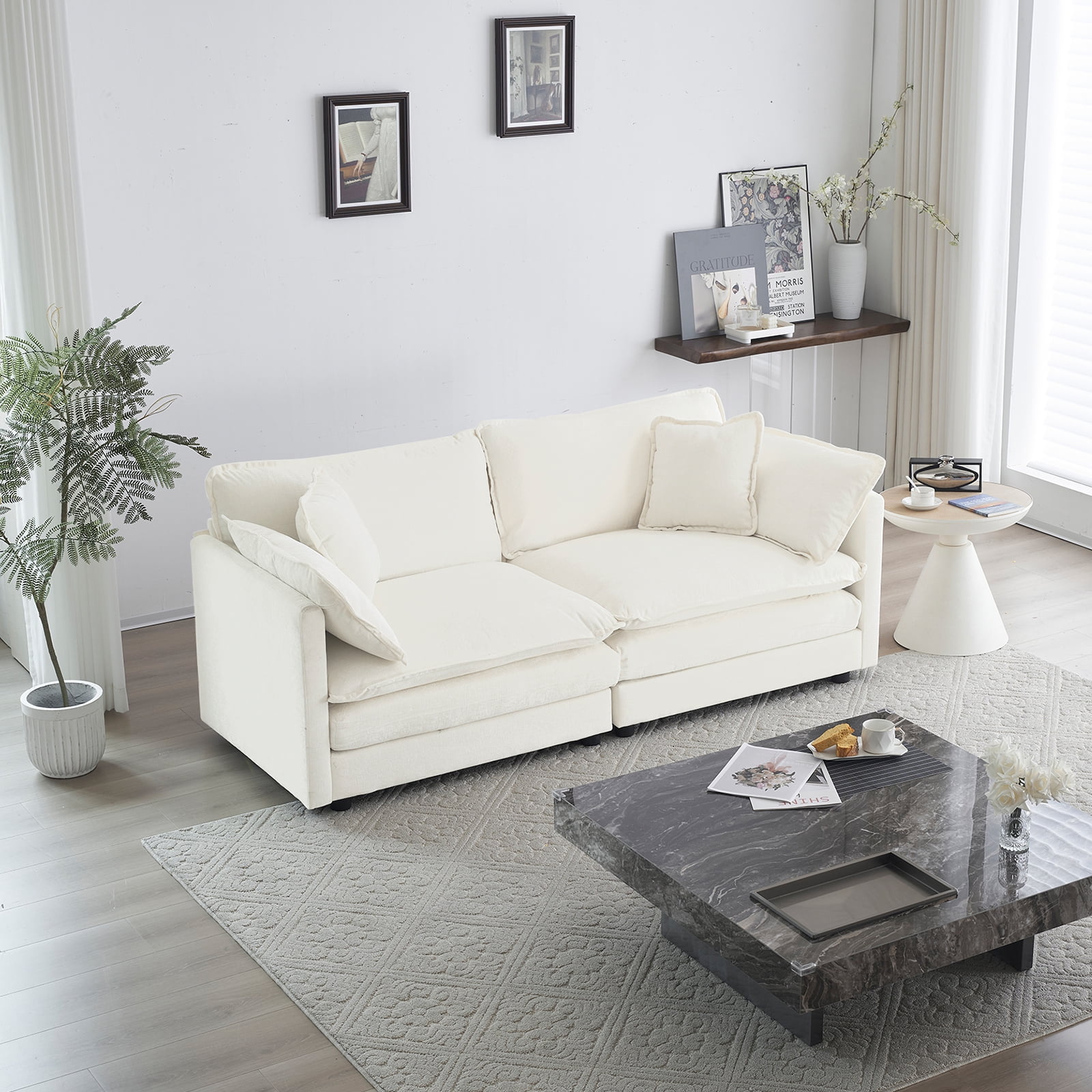 76.7” Loveseat Sofa, 2 Seater Modular Couch, Beige White Chenille Large Sectional for Living ...