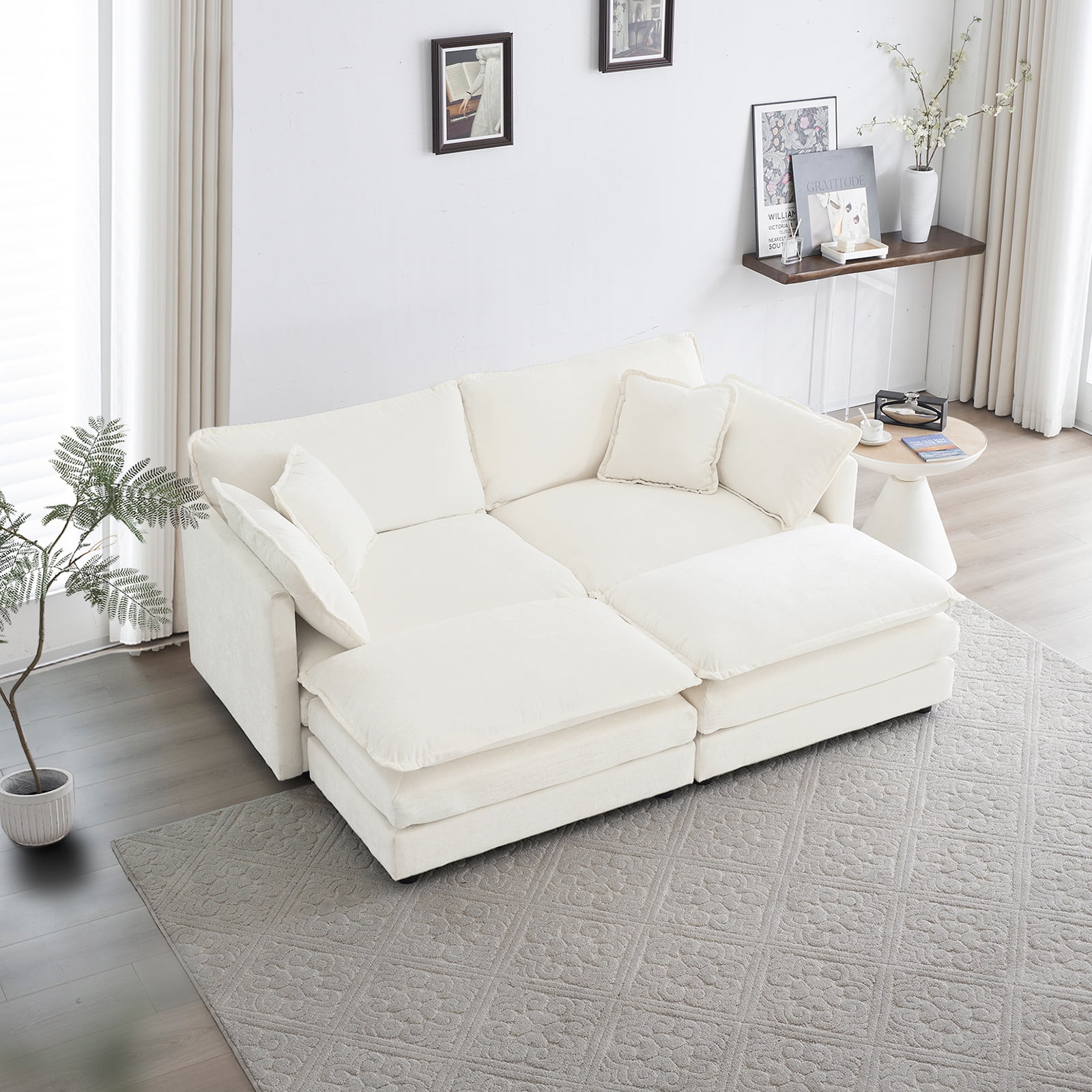 76.7” Loveseat Sofa, 2 Seater Modular Couch, Beige White Chenille U Shaped Sectional for Living ...
