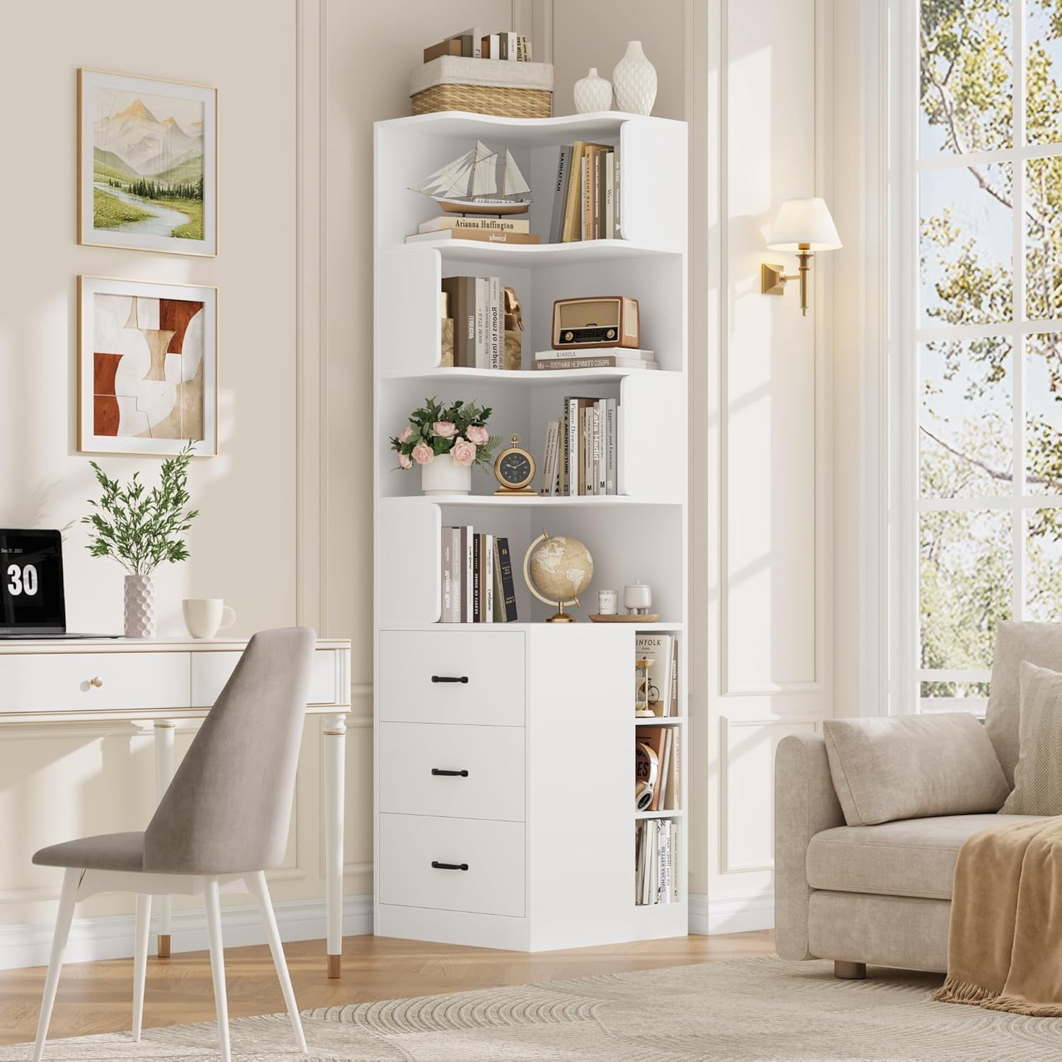 76.8” Corner Bookshelf with 3 Drawers and 3 Side Storage Cubbies, L ...