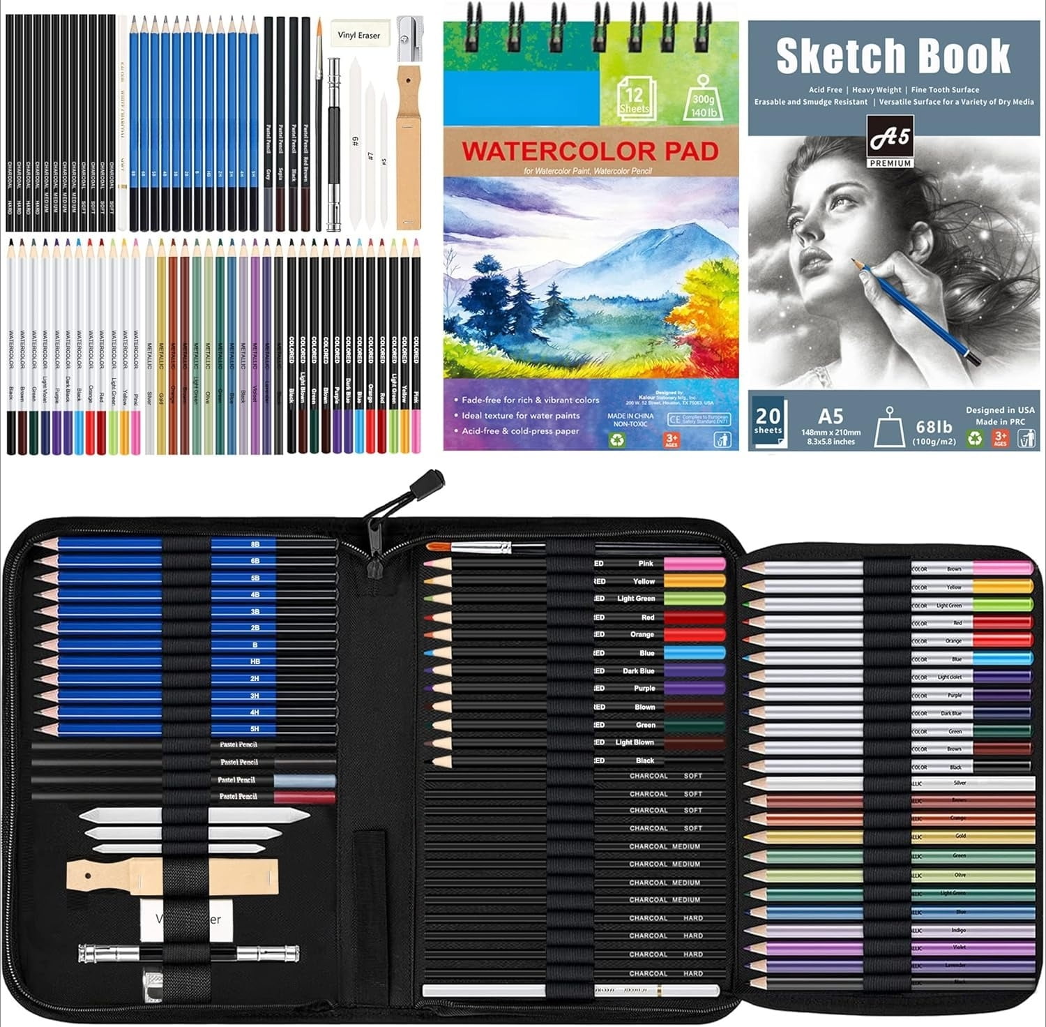 76 Drawing Sketching Kit Set - Pro Art Supplies with Sketchbook ...