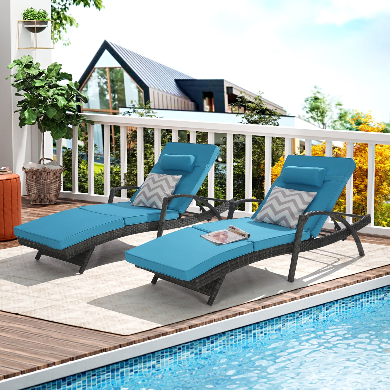 76" Ergonomic Reclining Chaise Lounge Set of 2, Weather-Resistant ...