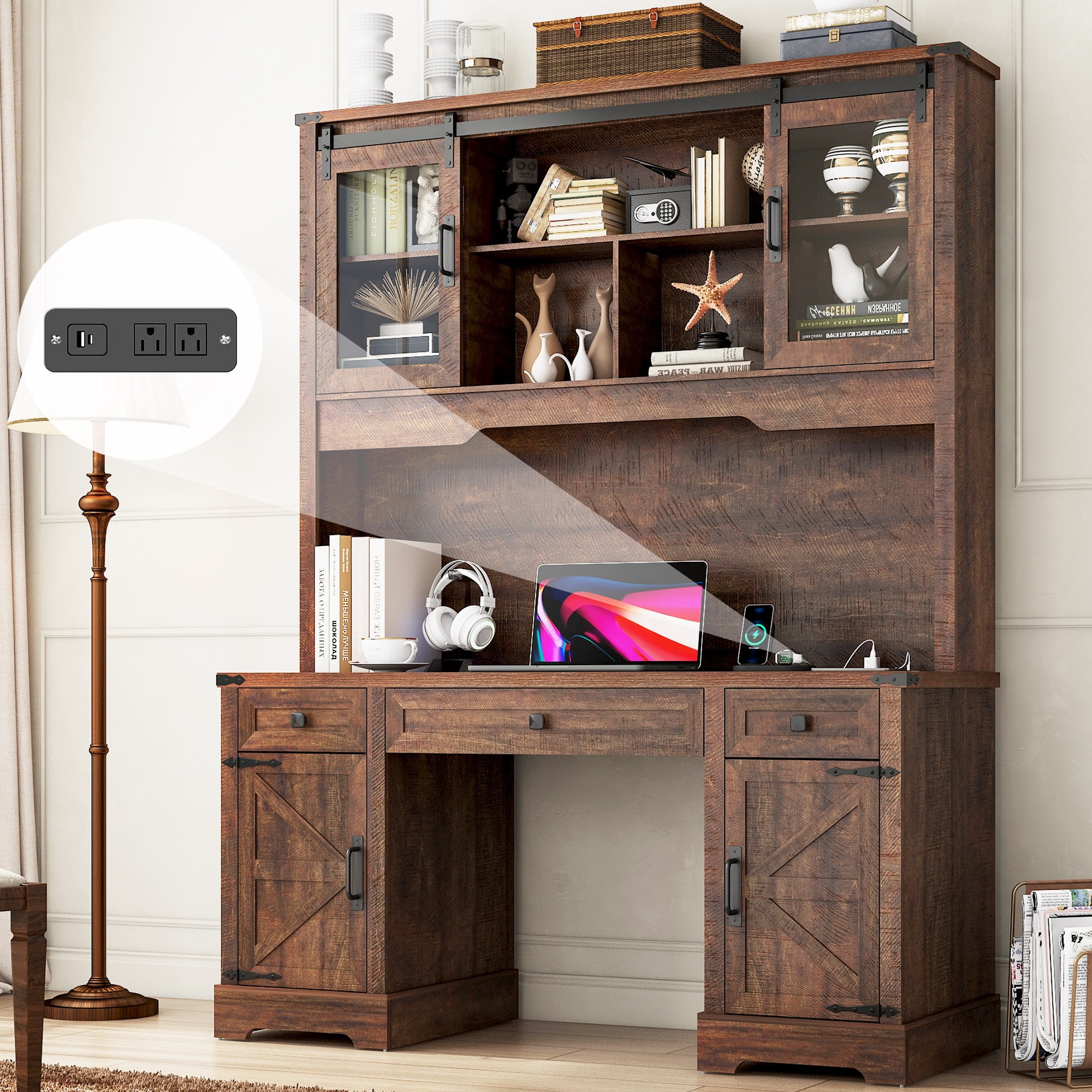 76" Height Computer Desk with Hutch, Farmhouse Office Desk with Sliding ...