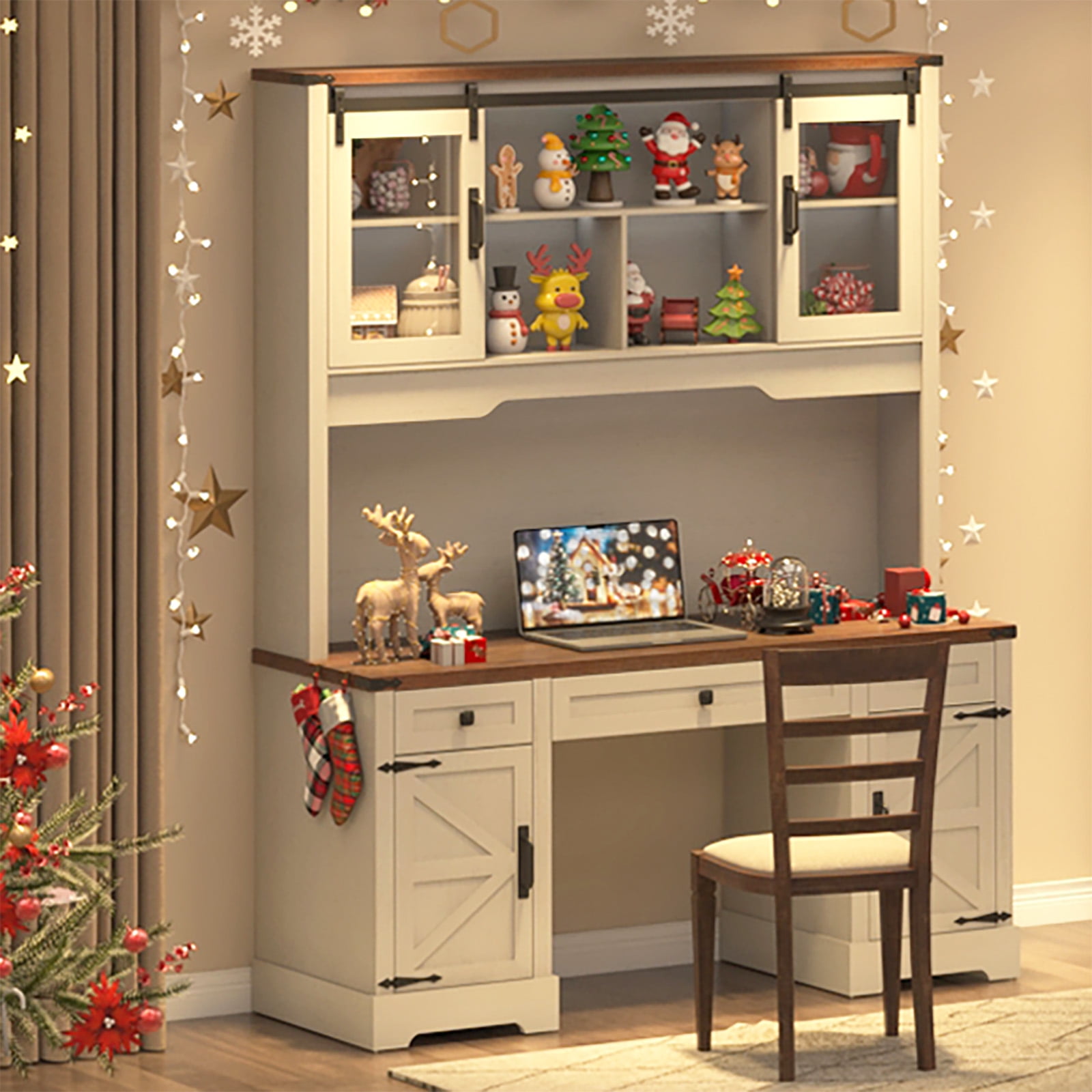 76" Height Computer Desk with Hutch, Farmhouse Office Desk with Sliding ...