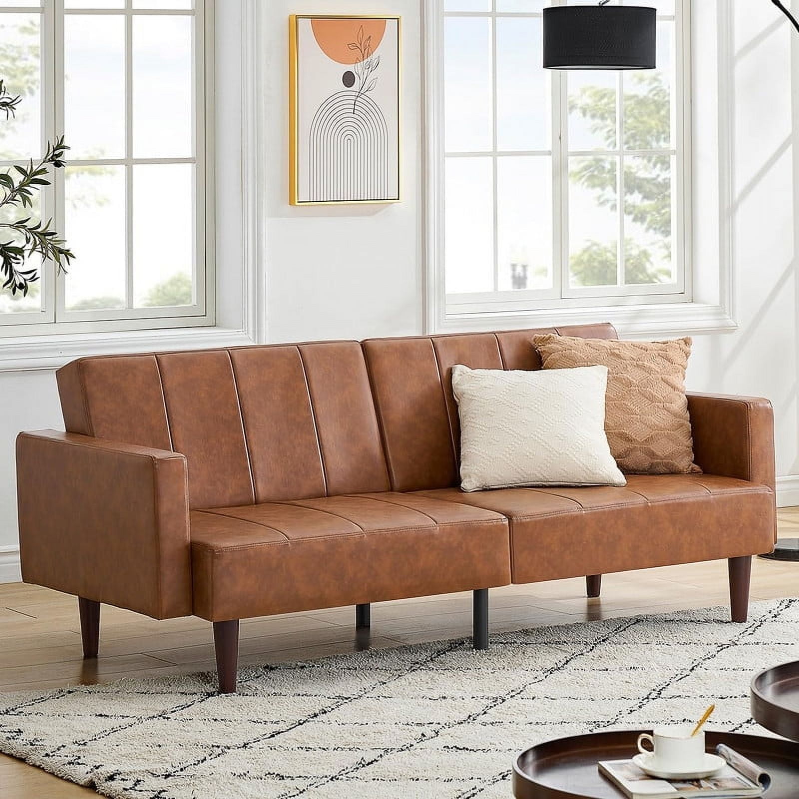 76 Inch Brown Convertible Futon Loveseat Sofa - Faux Leather Sofa Bed ...