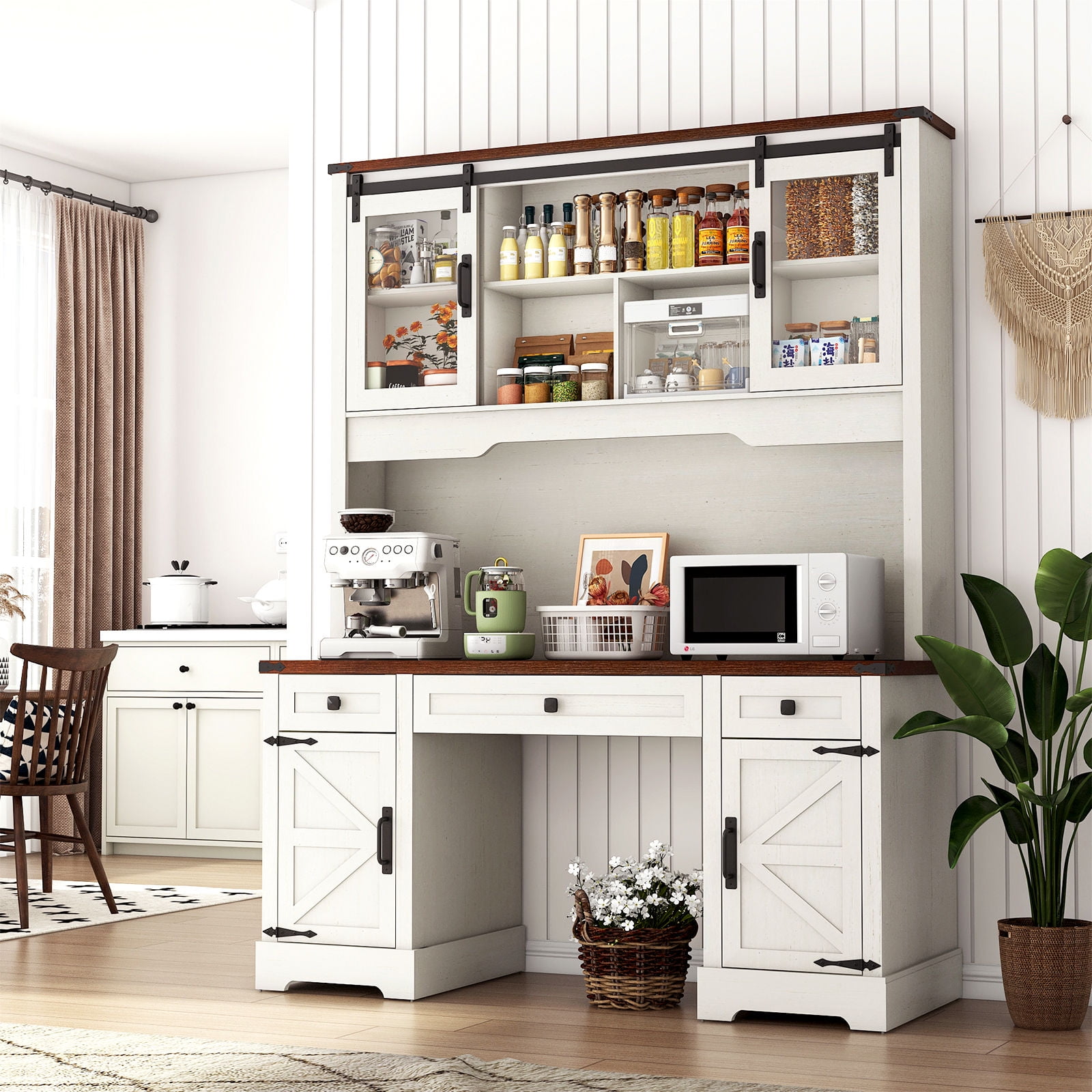 76" Tall Coffee Bar Cabinet with Hutch, Farmhouse Kitchen Pantry ...