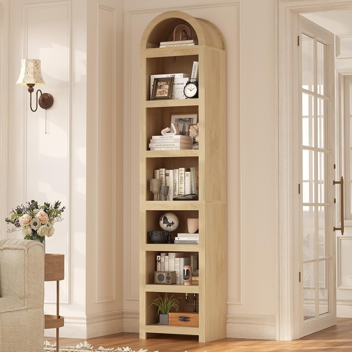 76" Tall Narrow Arched Bookcase, 7-Teir Mid-Century Modern Bookshelf ...