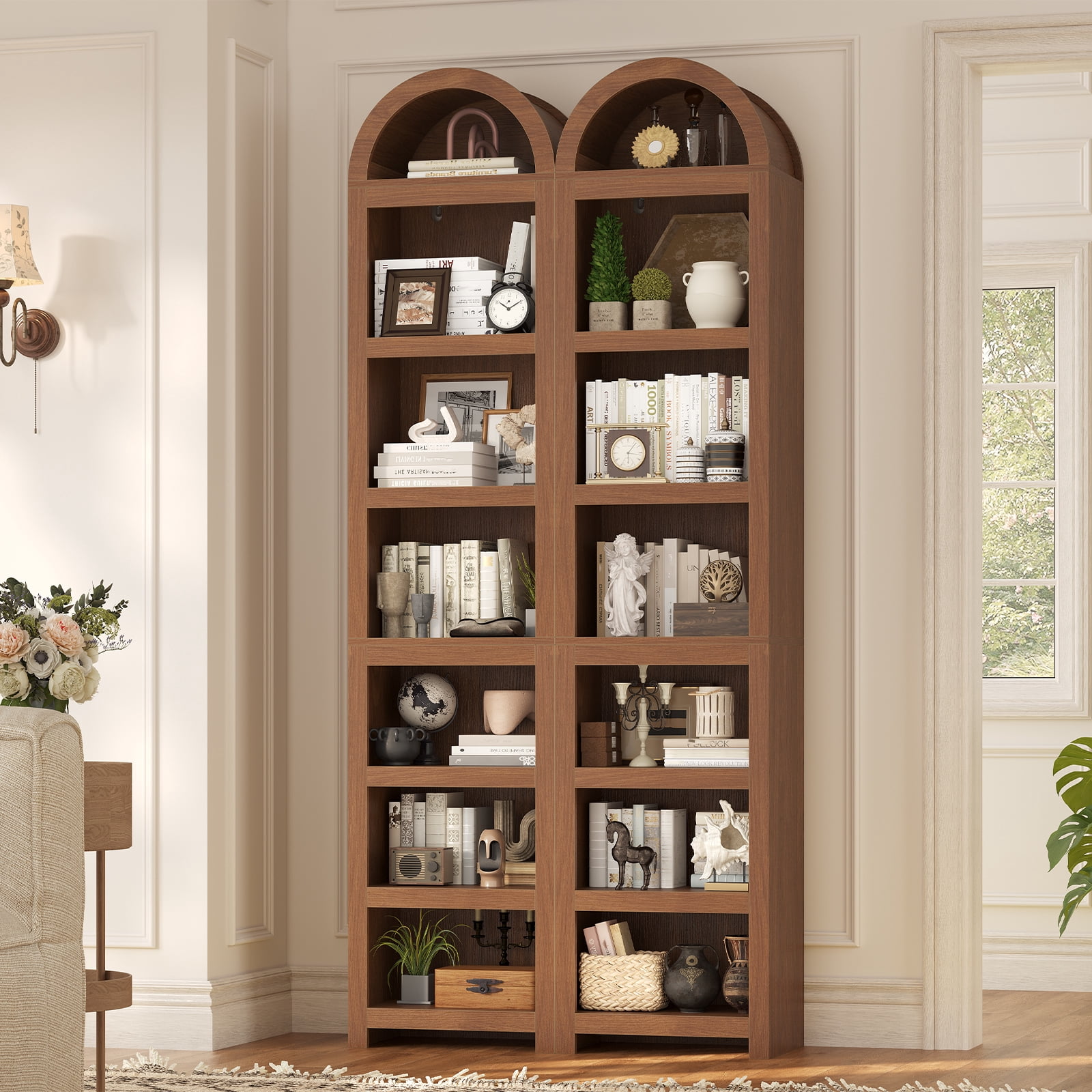 76" Tall Narrow Arched Bookcase Set of 2, 7-Teir Mid-Century Modern ...