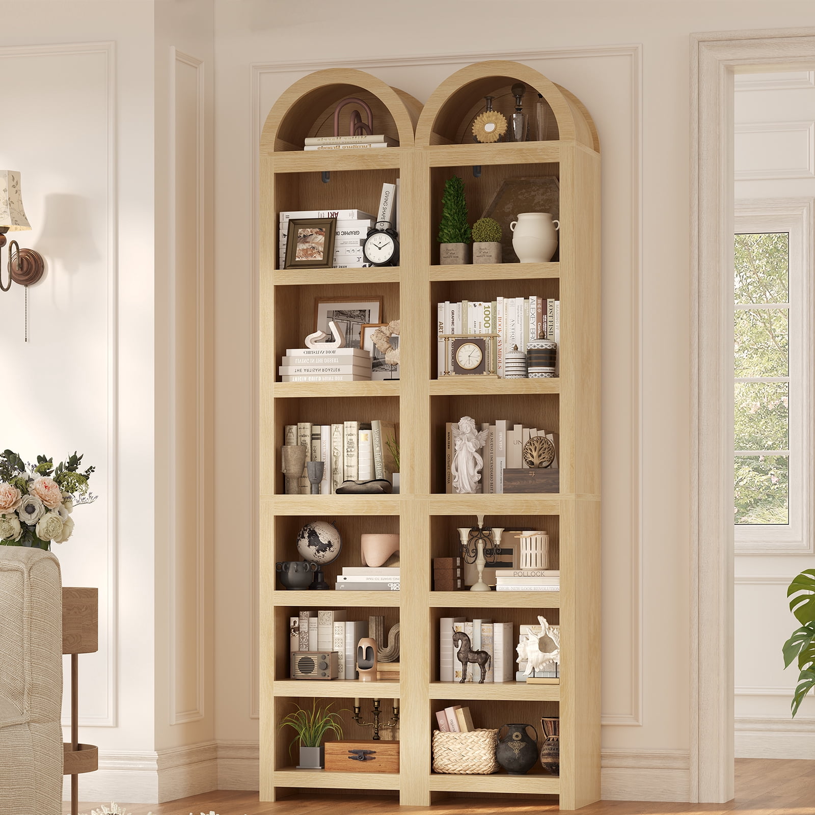 76" Tall Narrow Arched Bookcase Set of 2, 7-Teir Mid-Century Modern ...