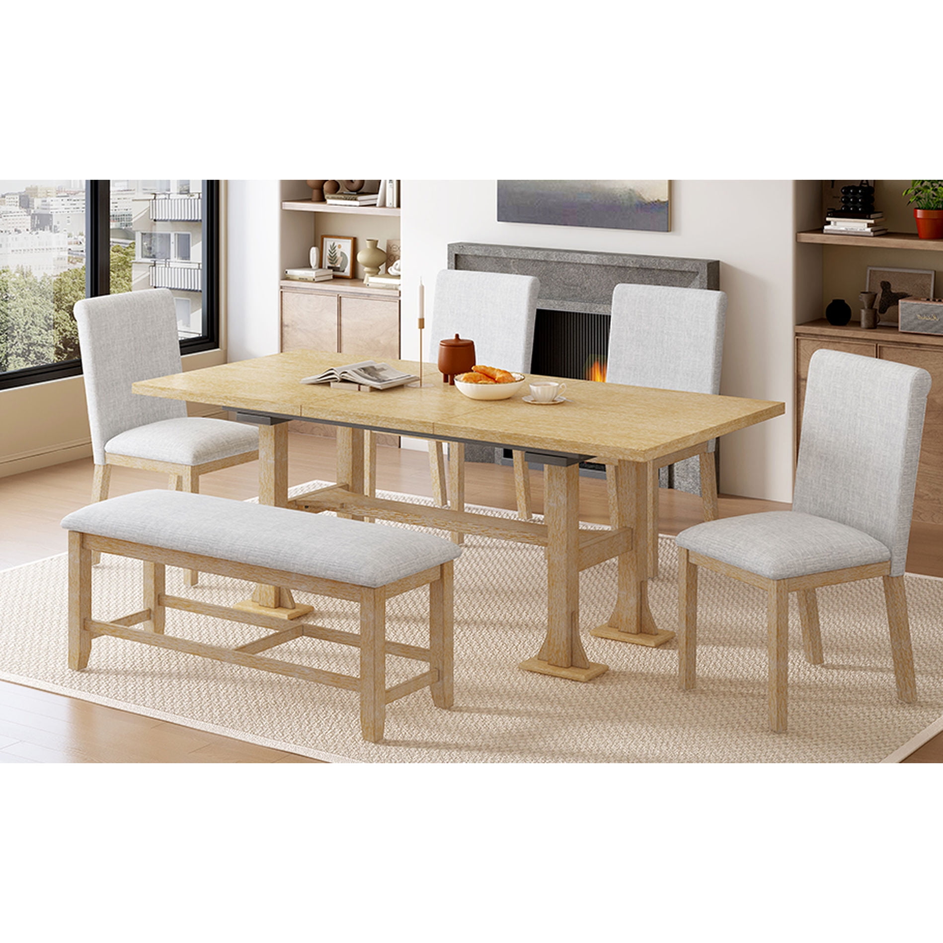 76-inch 6-Piece Extendable Farmhouse Dining Set with Removable Leaf ...