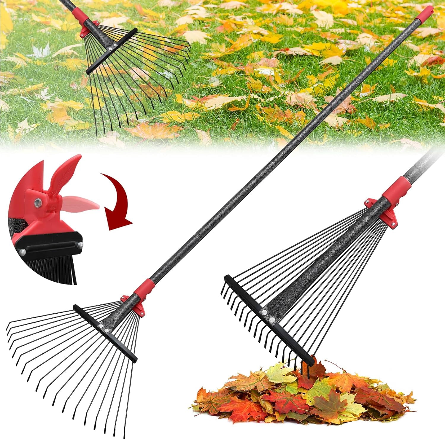 76Inch Adjustable Metal Leaf Rake, 18 Metal Tines Heavy Duty Leaves ...