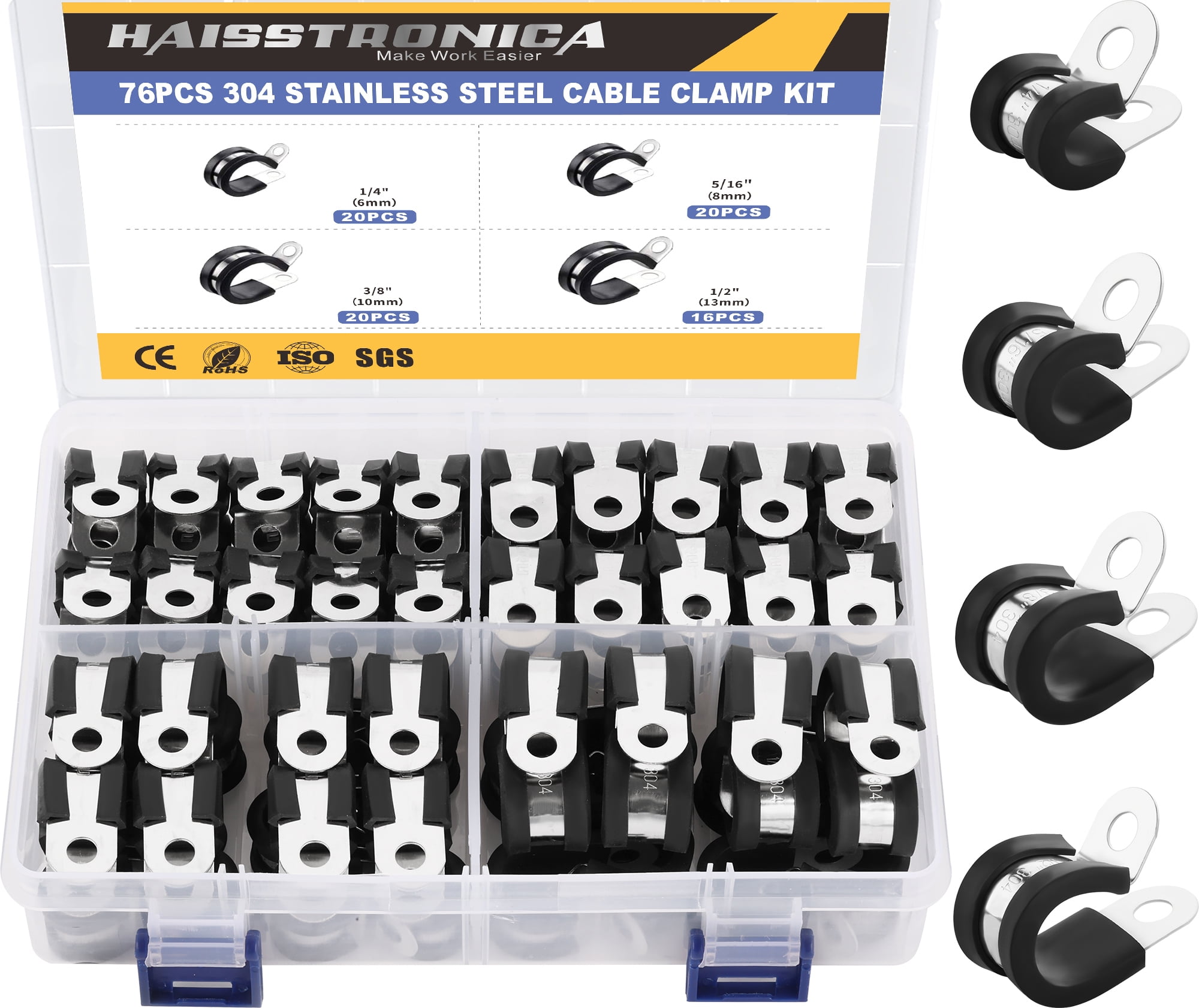 76PCS Cable Clamps Kit,4 Sizes 1/4" 5/16" 3/8" 1/2",304 Stainless Steel ...